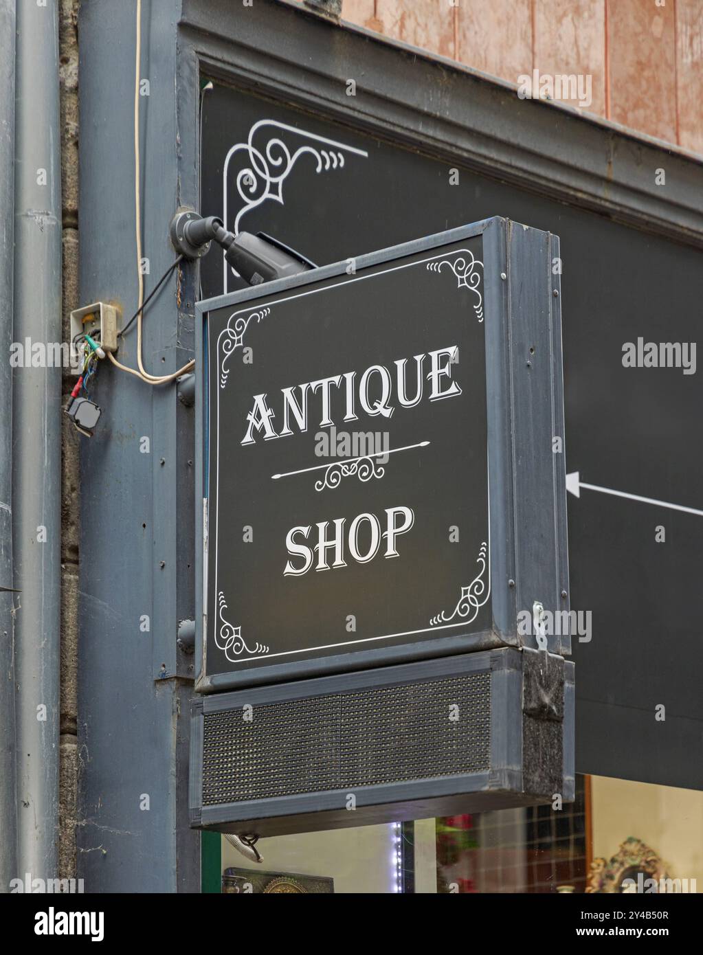 Square Black Sign Antique Shop With Led Information Display Stock Photo ...