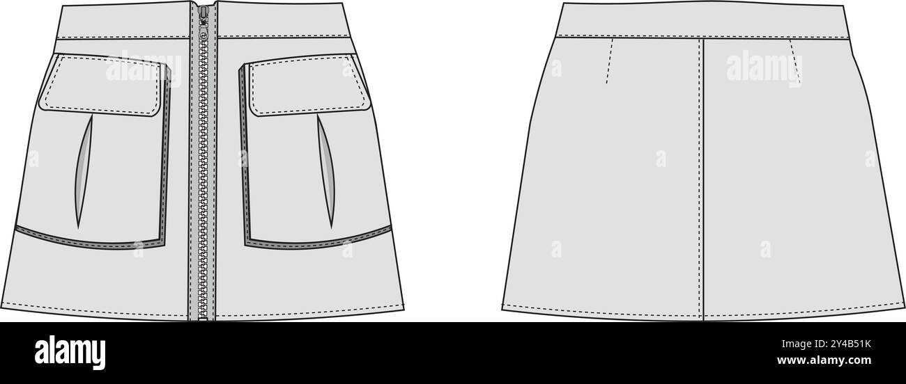 cargo pocket zippered mini skirt technical drawing flat sketch fashion ...