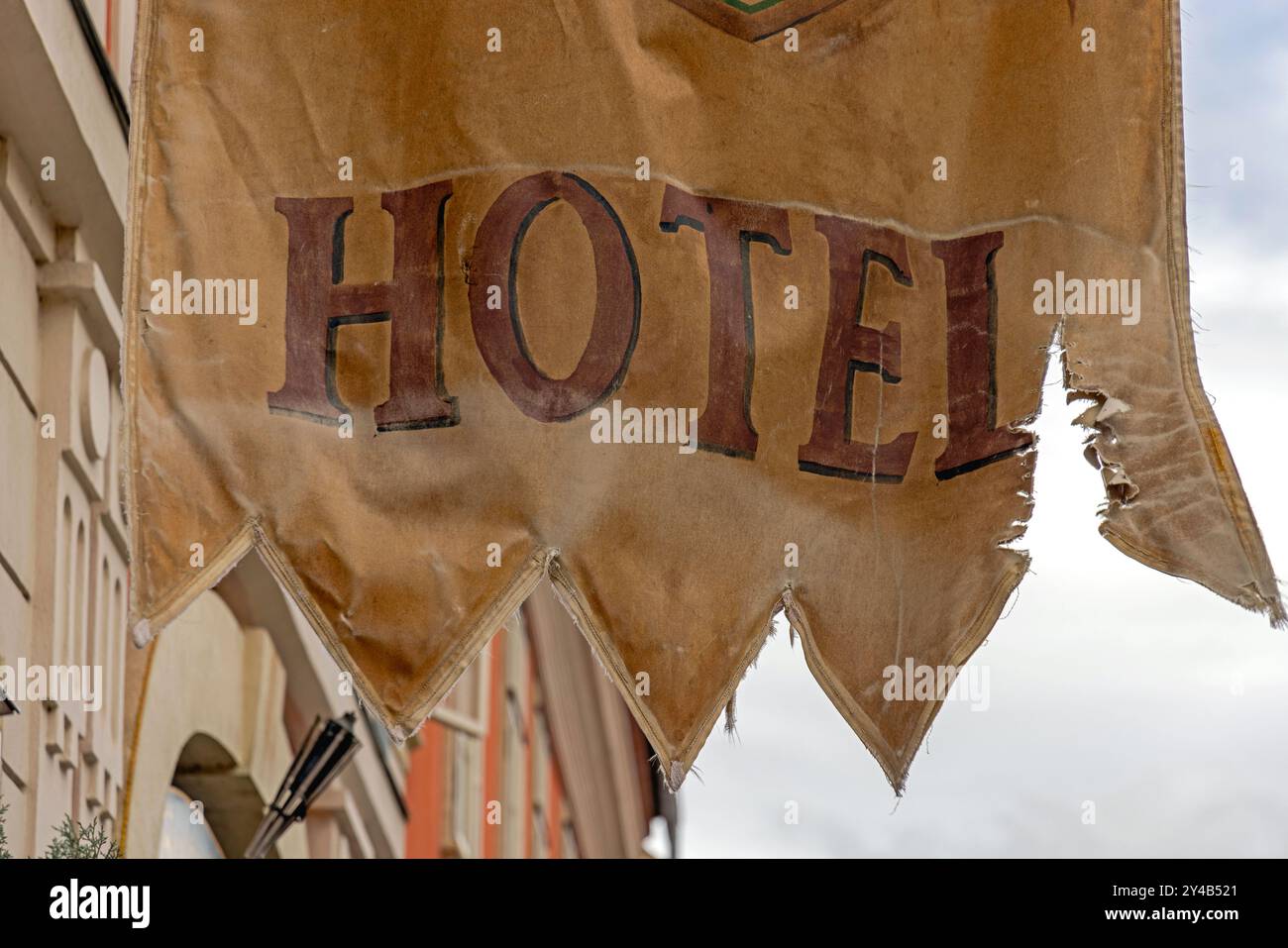 Tattered Torn Old Hotel Flag Medieval Style Sign Bad Condition Stock ...