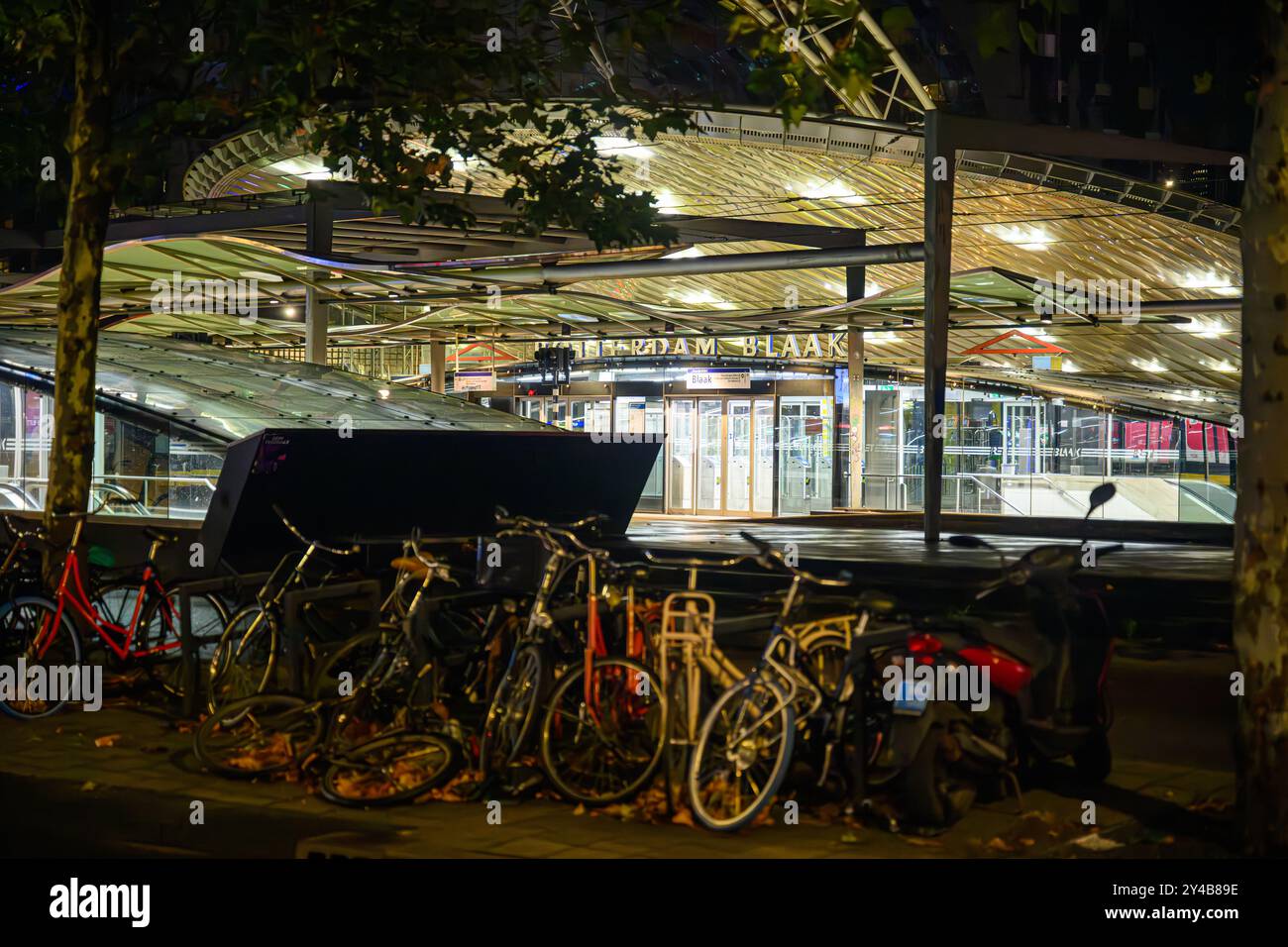 A front view of the futuristic Rotterdam Blaak Dutch railway station at ...