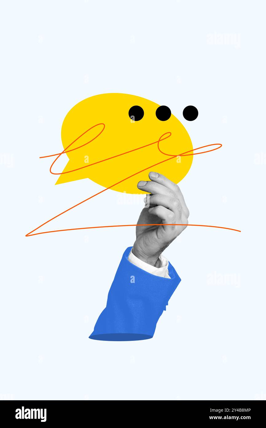 Vertical creative art collage of hands hold bubble communication speech ...