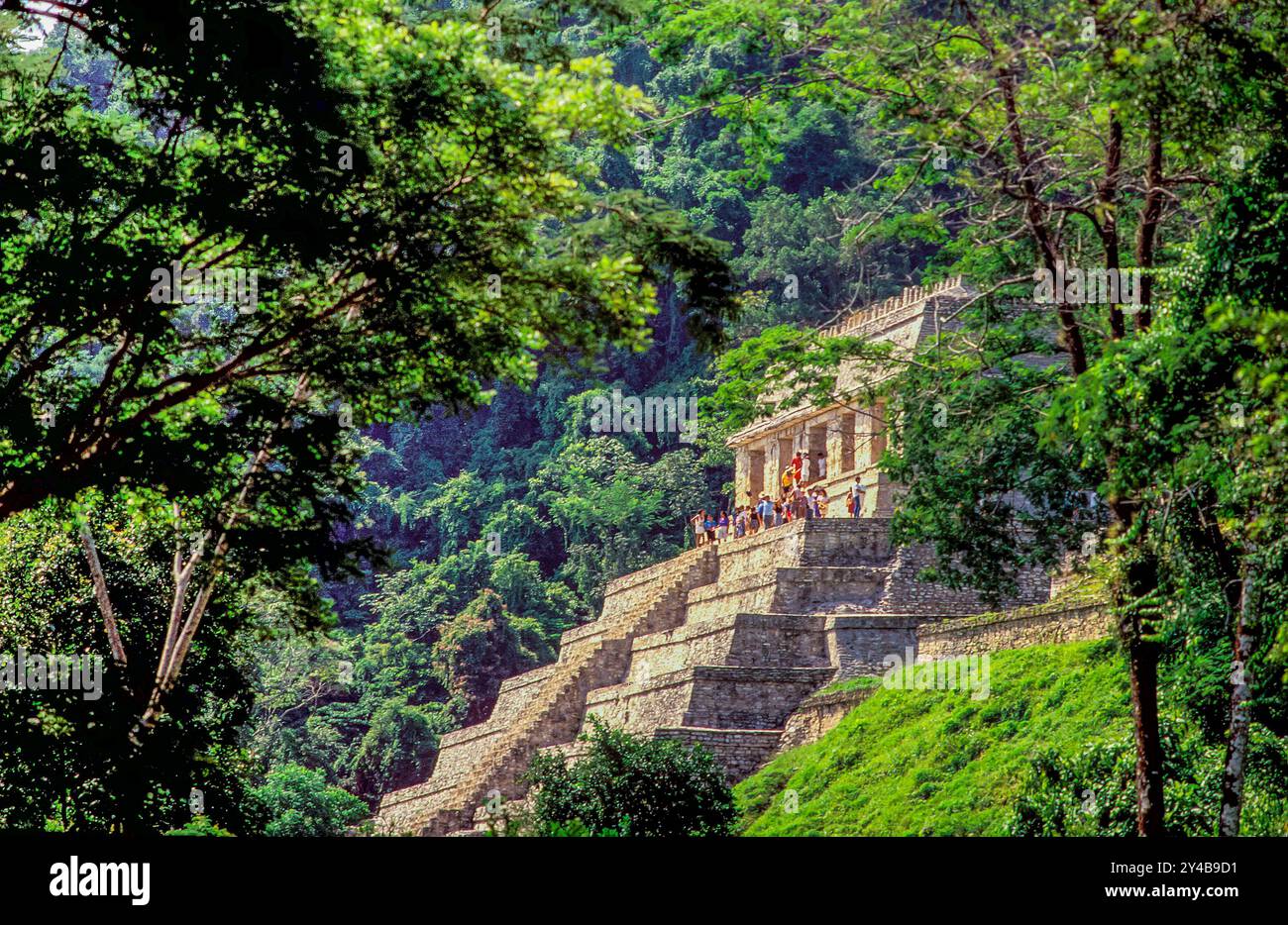 Mexico, Palenque -Tourists visiting the Maya pyramid of Palenque in the ...