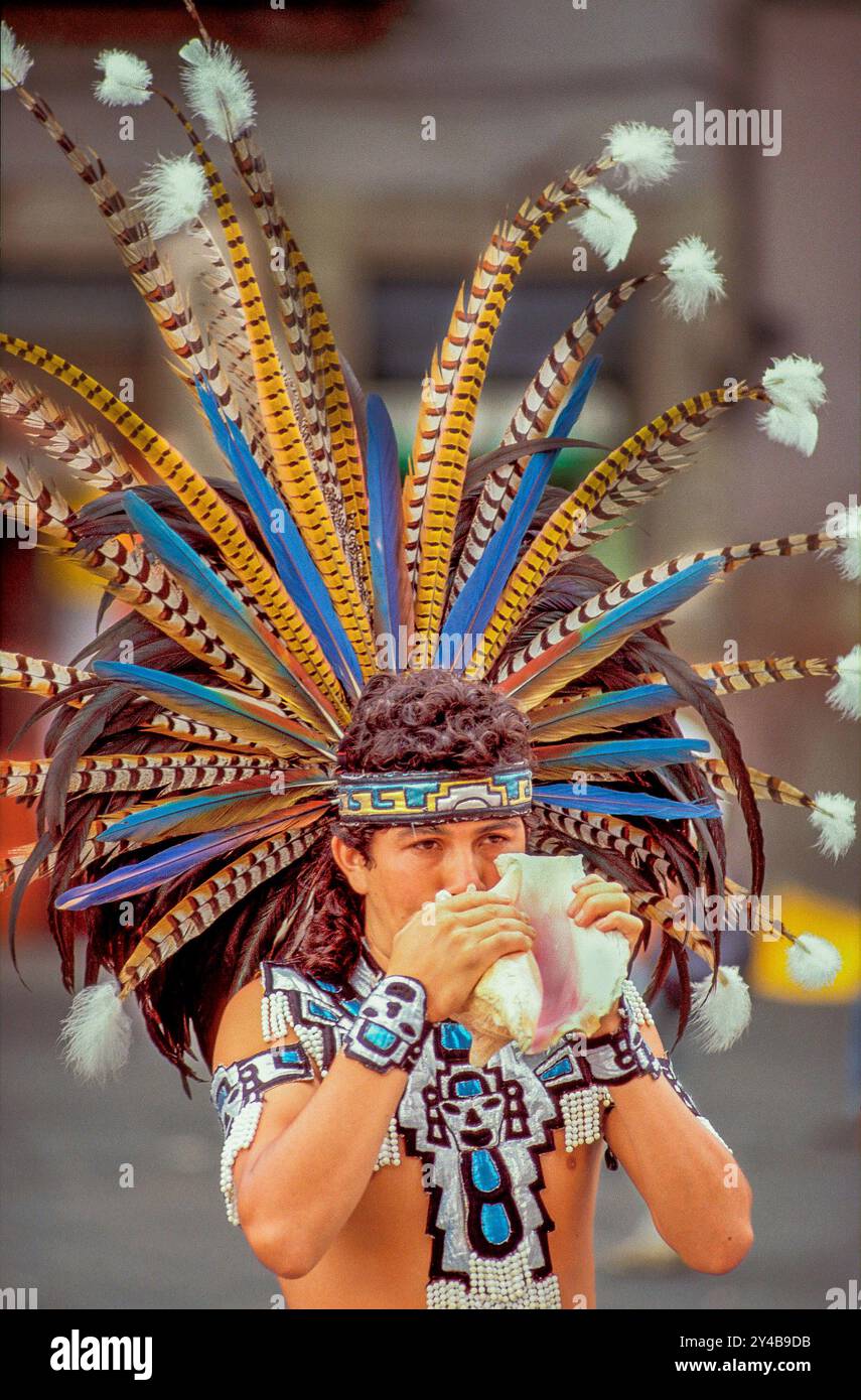 Mexico, Mexico City. Aztec Indian blows into a conch Stock Photo - Alamy