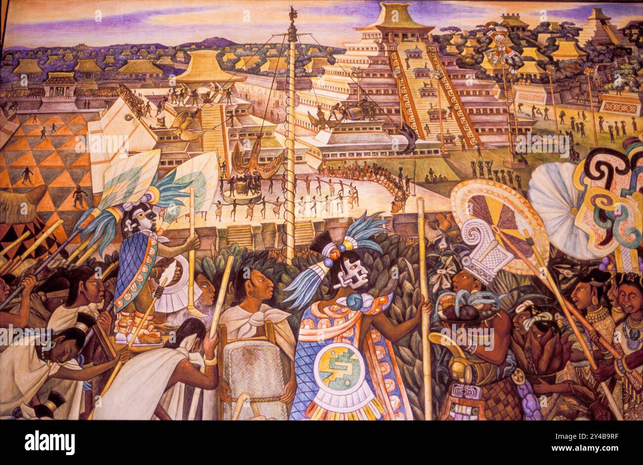Mexico, Mexico City. Wall painting of Aztec culture by Diego Rivera in ...