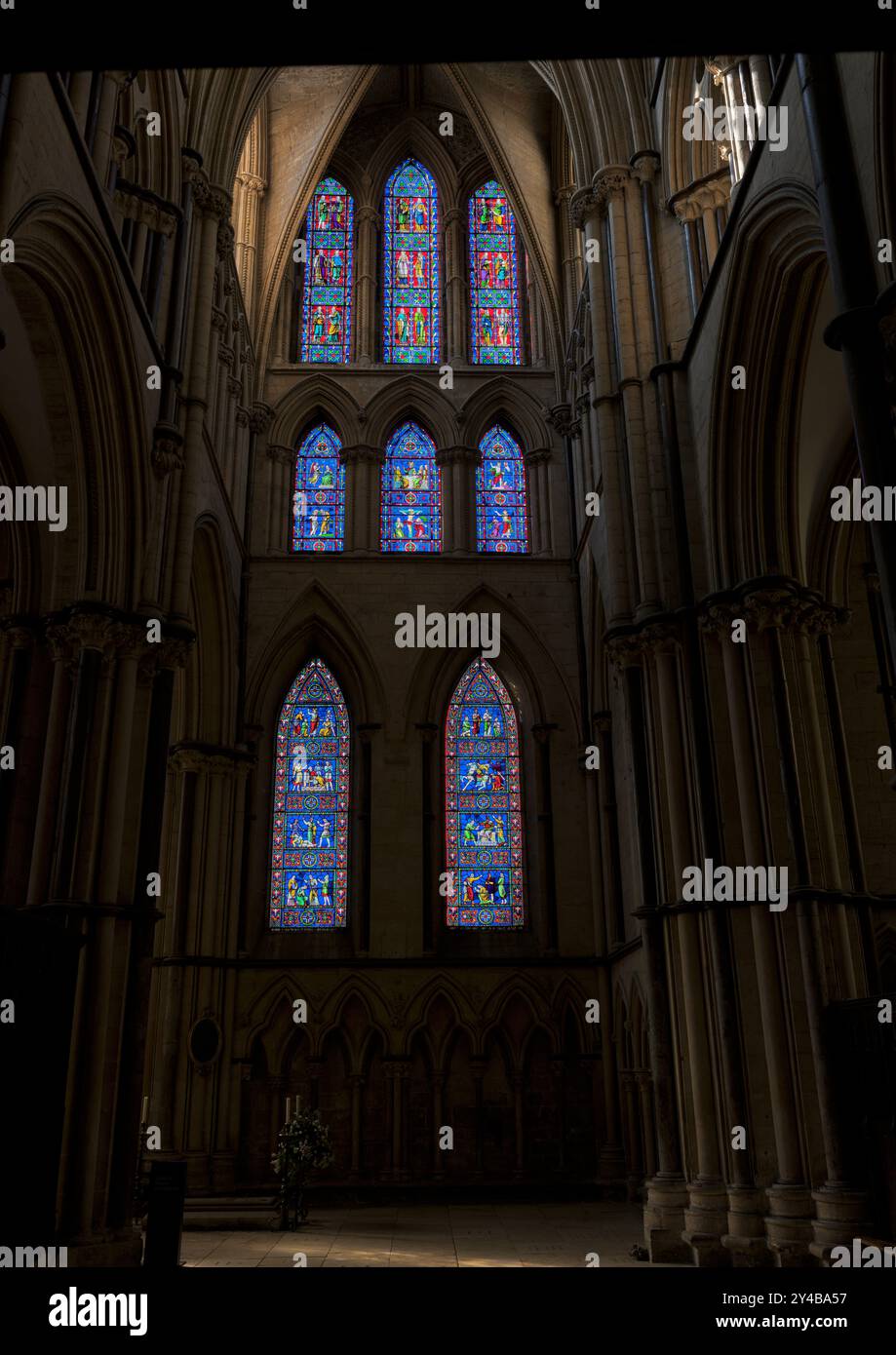 Stained glass windows in the south east transept at Lincoln cathedral ...