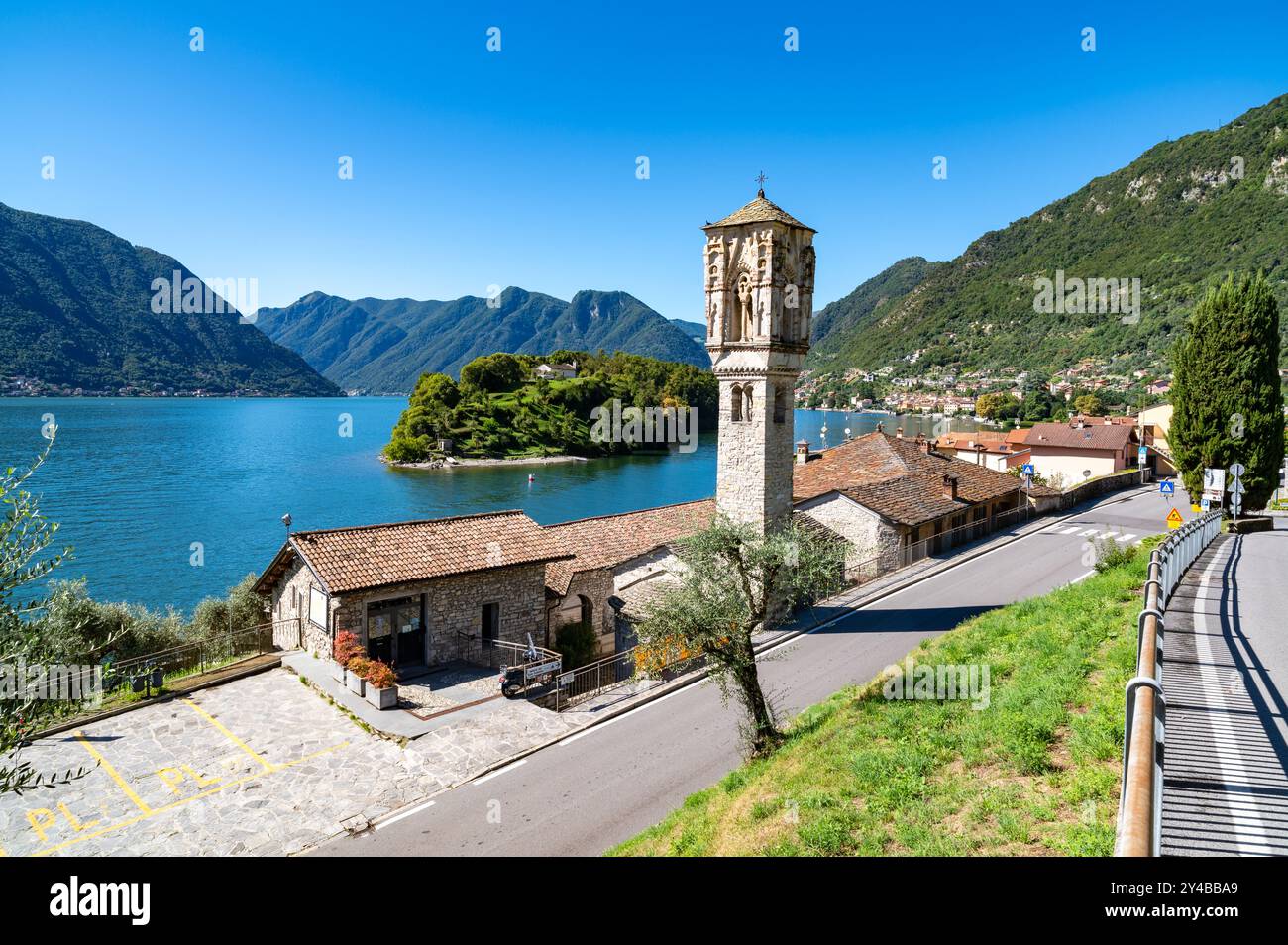 Panorama of Lake Como, Ossuccio bell tower and Isola Comacina Stock ...