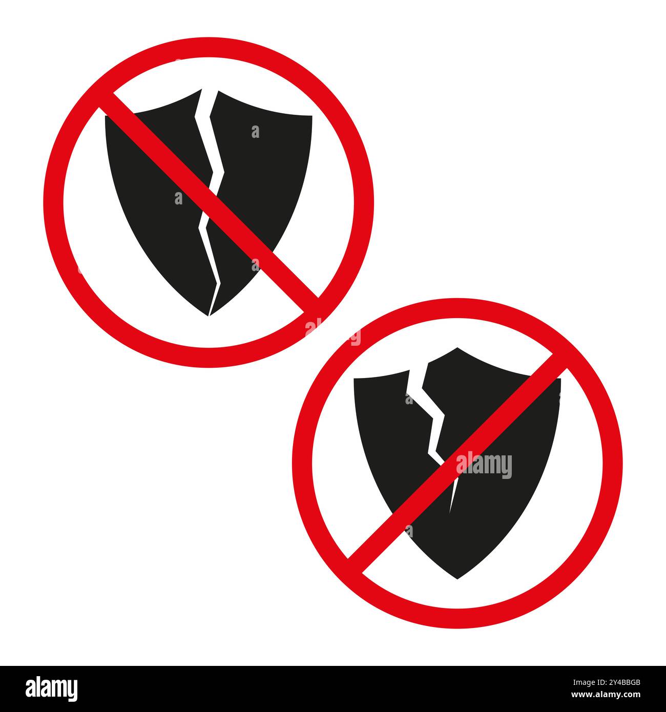 Broken shield symbol. Red prohibition circle. Security breach warning ...