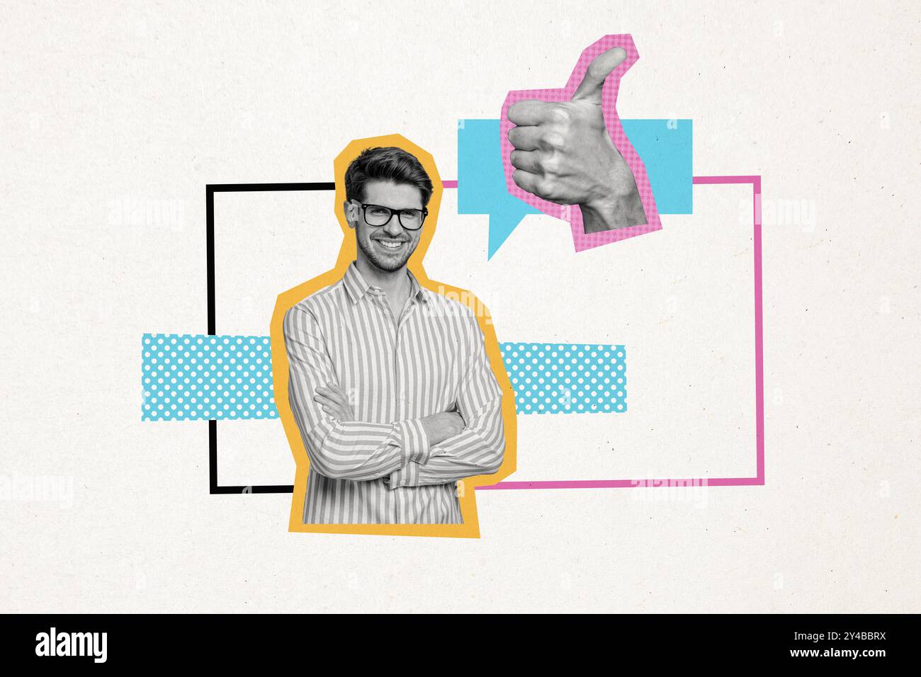 Composite photo collage of happy man crossed hands speak text box ...