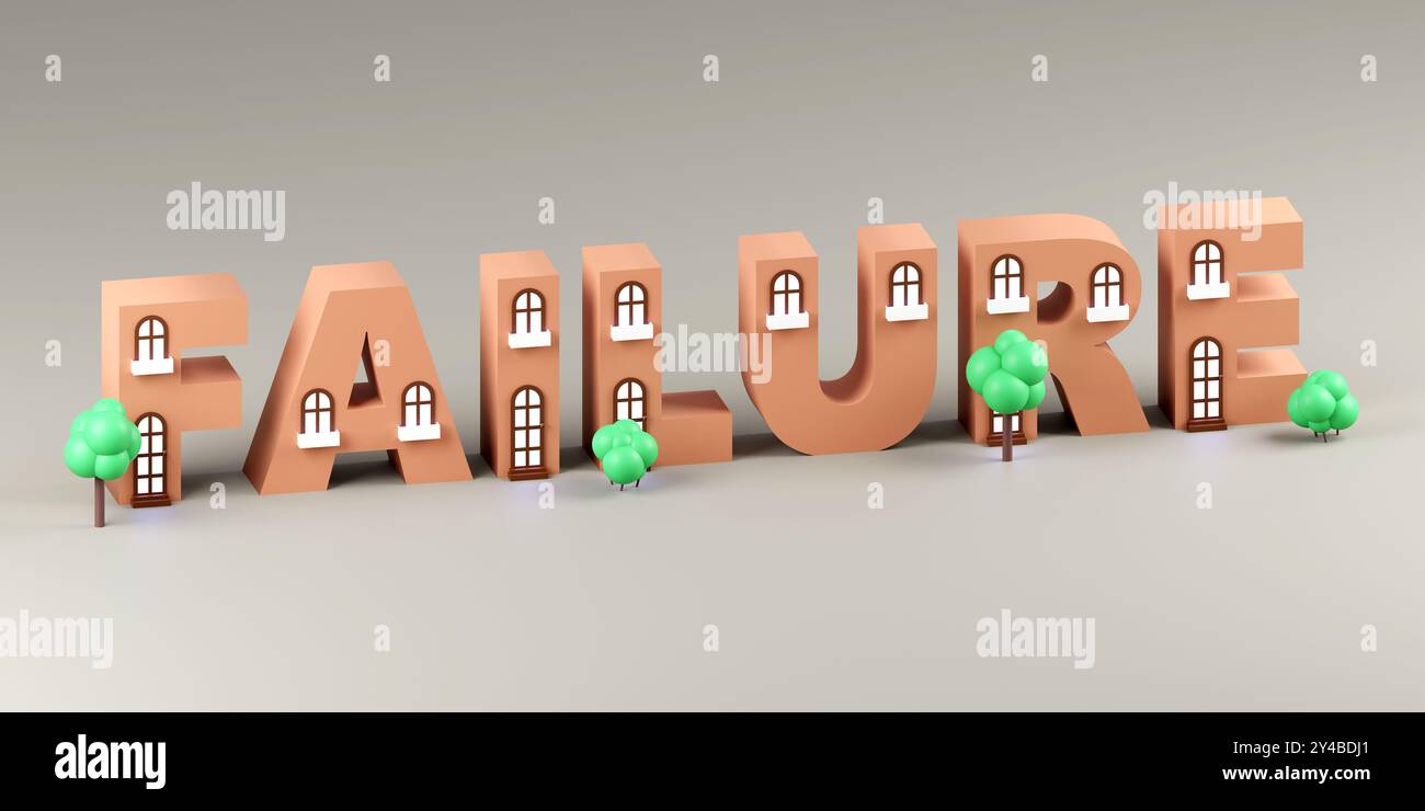 Inscription failure made by tiny houses on grey podium, soft light ...