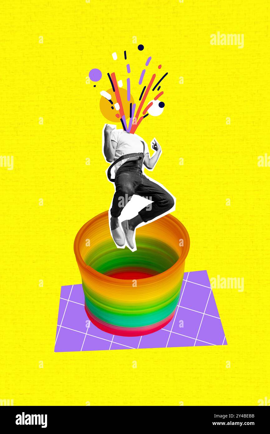 Vertical photo collage of headless man invisible head jump rainbow ...