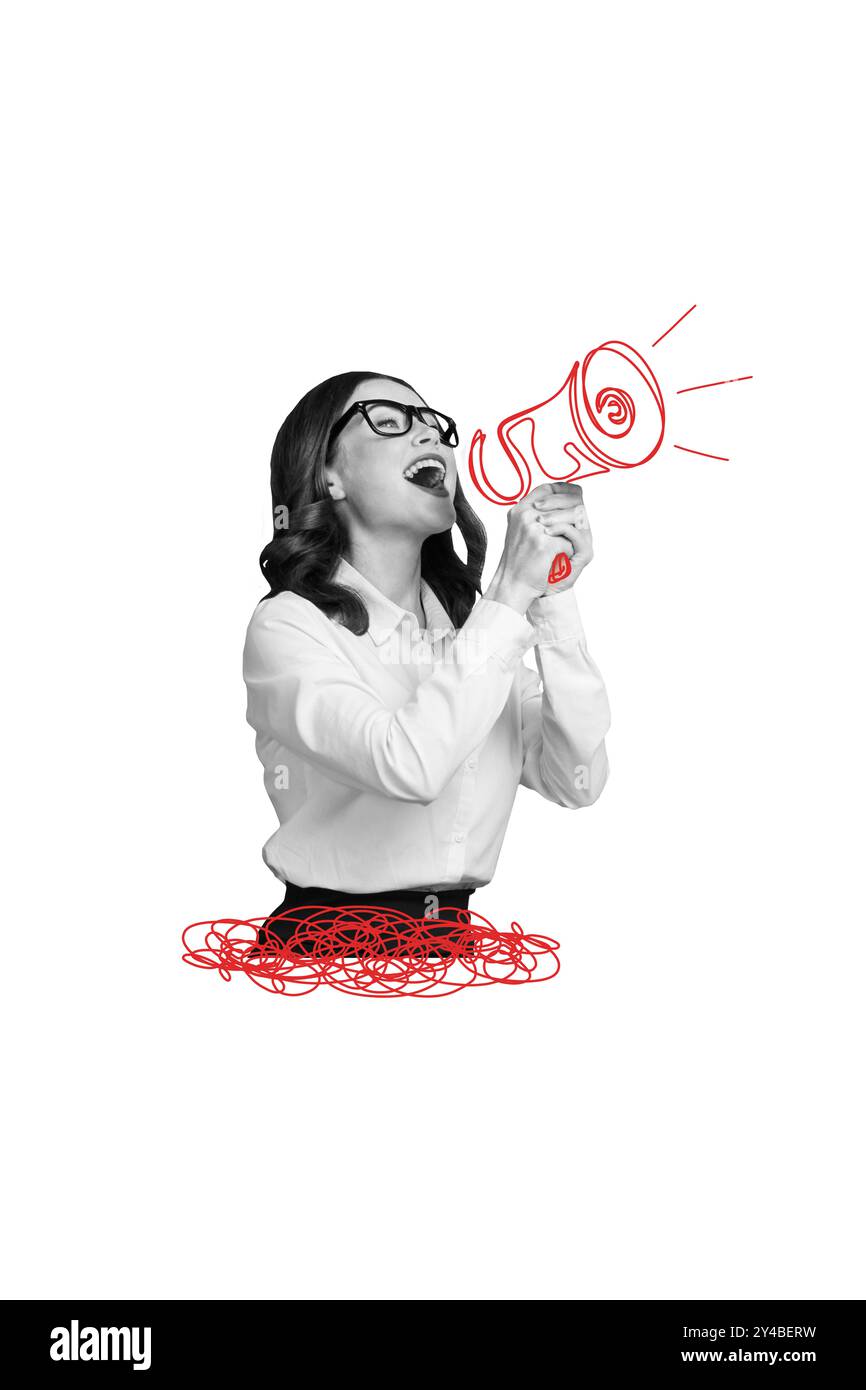 Vertical poster collage young businesswoman proclaim information ...