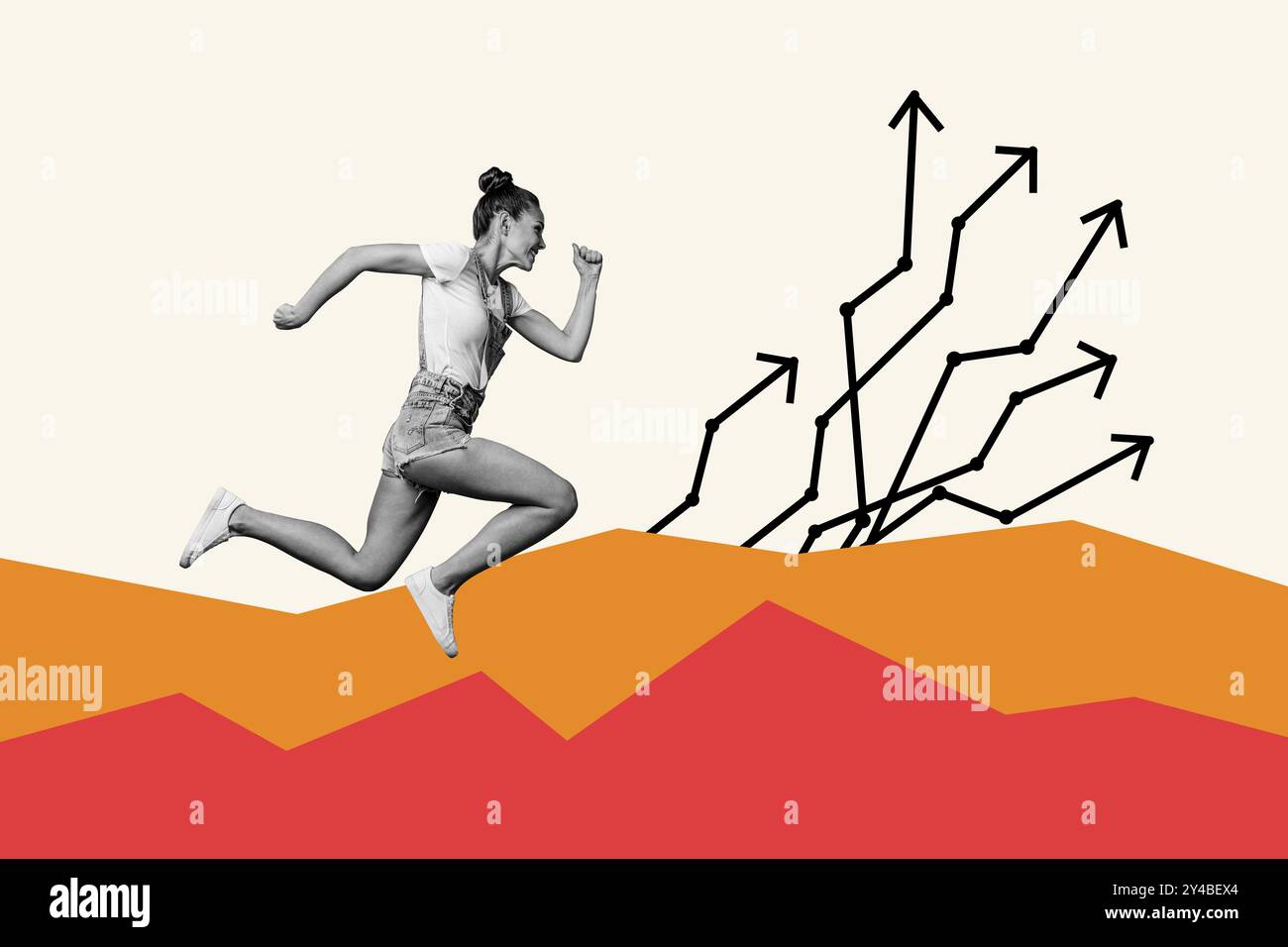 Composite photo collage of happy businesswoman run promotion arrow ...