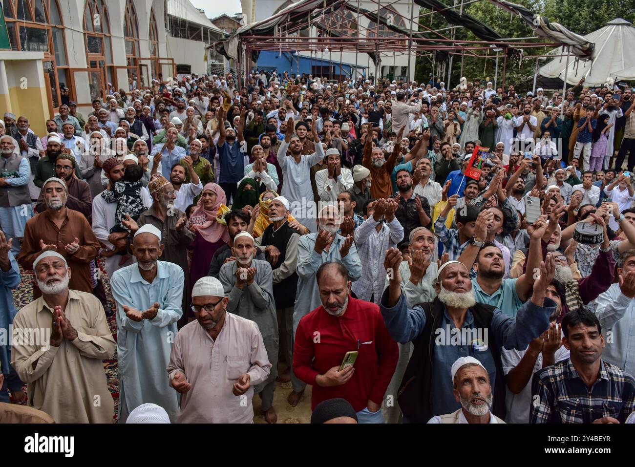 Srinagar, India. 17th Sep, 2024. Kashmiri Muslim devotees pray as the head priest (not pictured ...