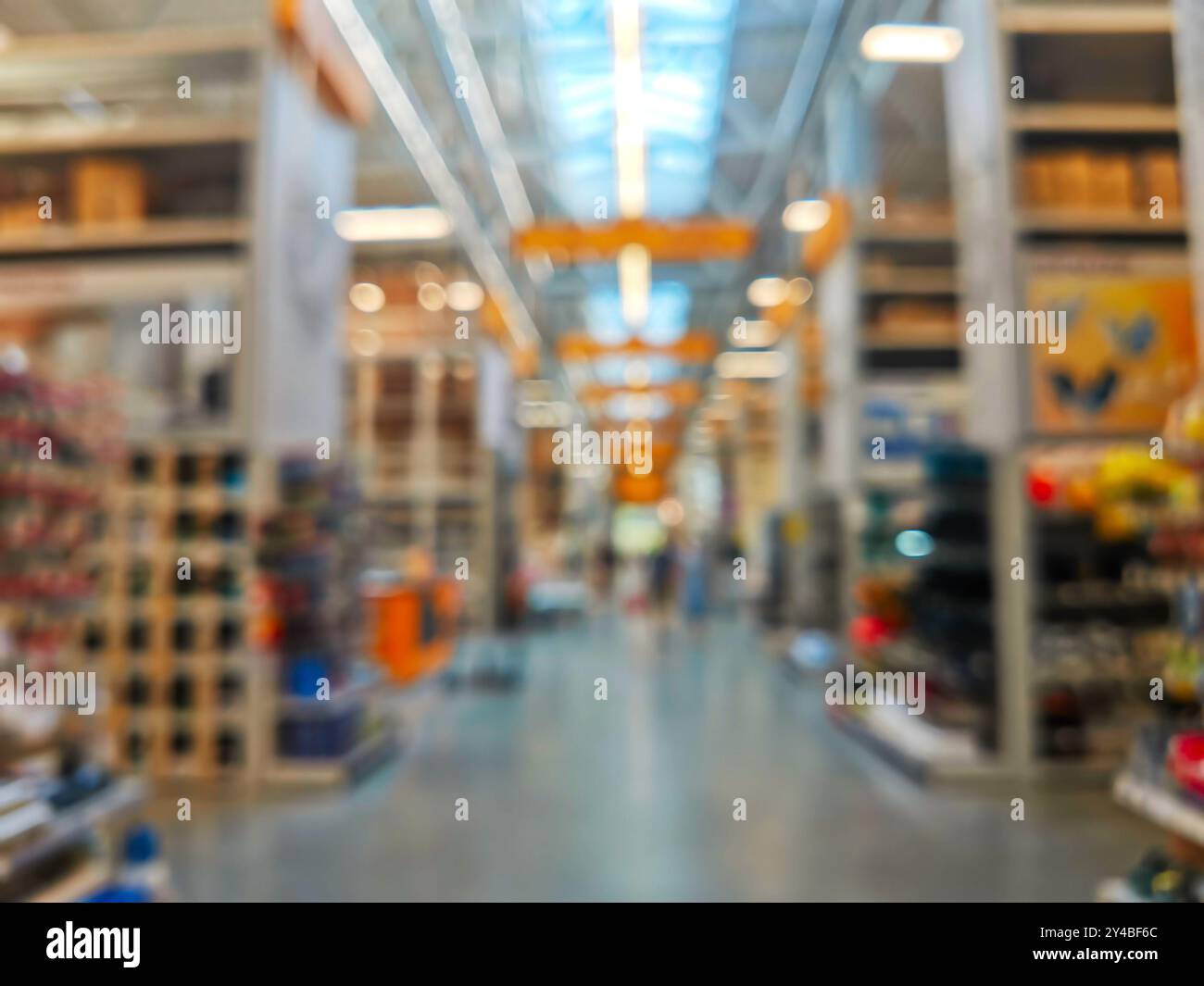 Abstract blur background of store for home improvement and DIY. The blurred interior of a large ...