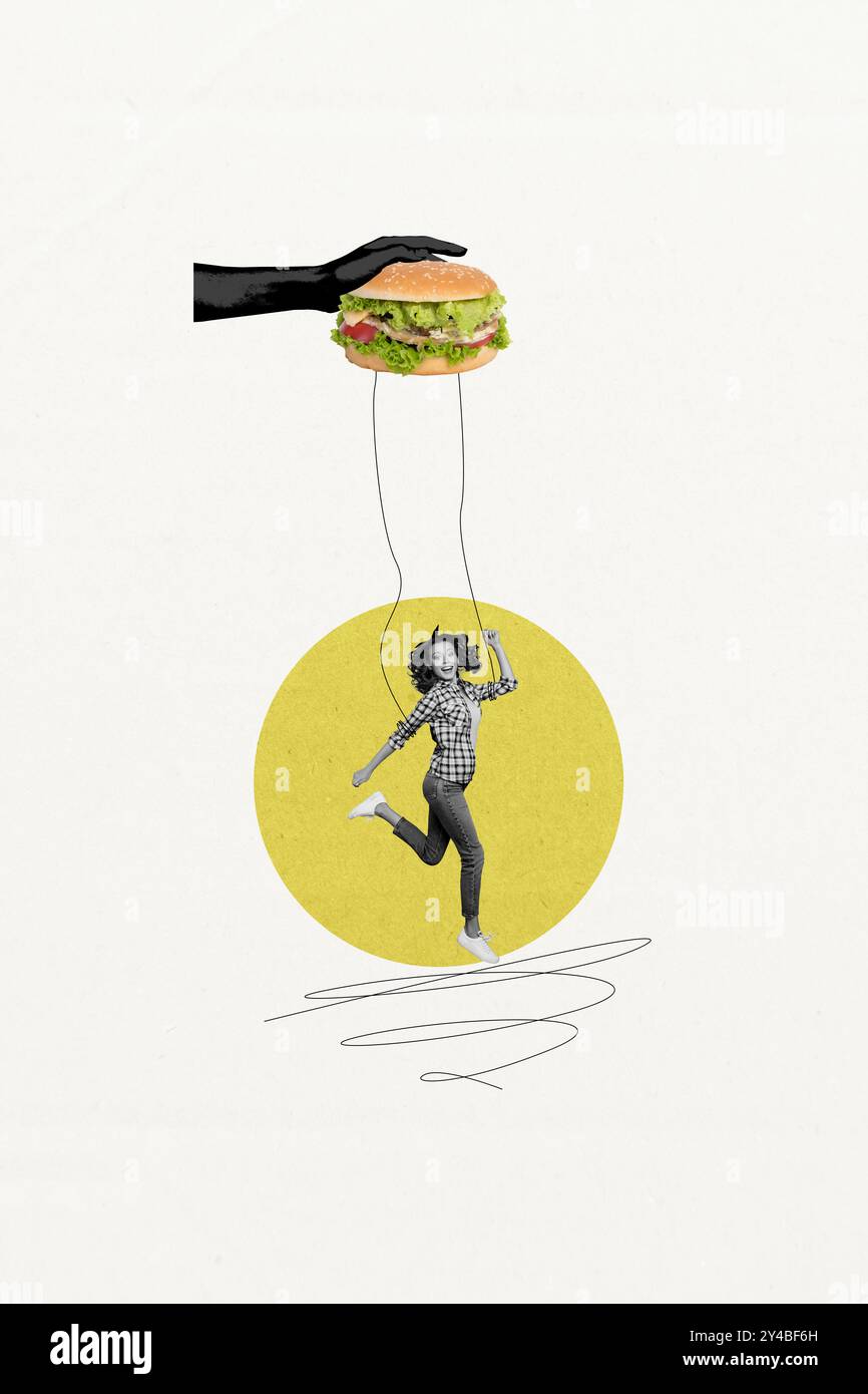 Vertical photo collage of happy girl marionette run cafe fast food ...