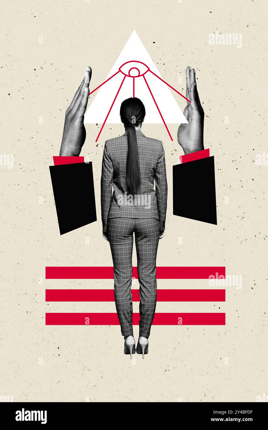 Vertical photo collage of anonym girl stand back esoteric eyeball spy ...