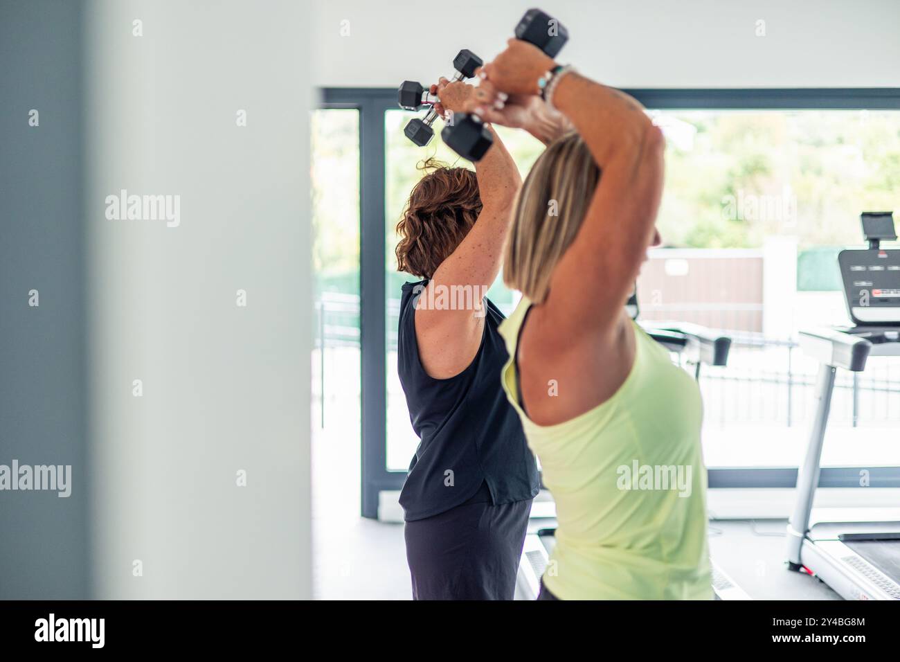 Two mature women are seen from behind as they perform triceps exercises ...