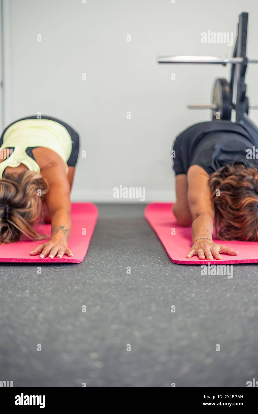vertical In a gym yoga class, two mature athletic women are engaged in ...