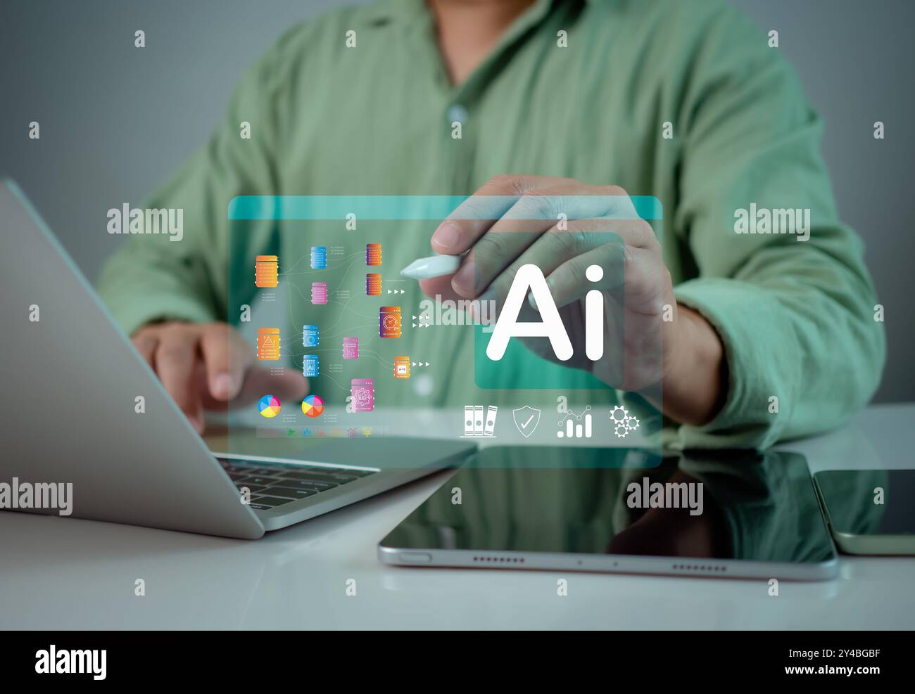 Concept of technology or using AI to help with work, Businessman ...