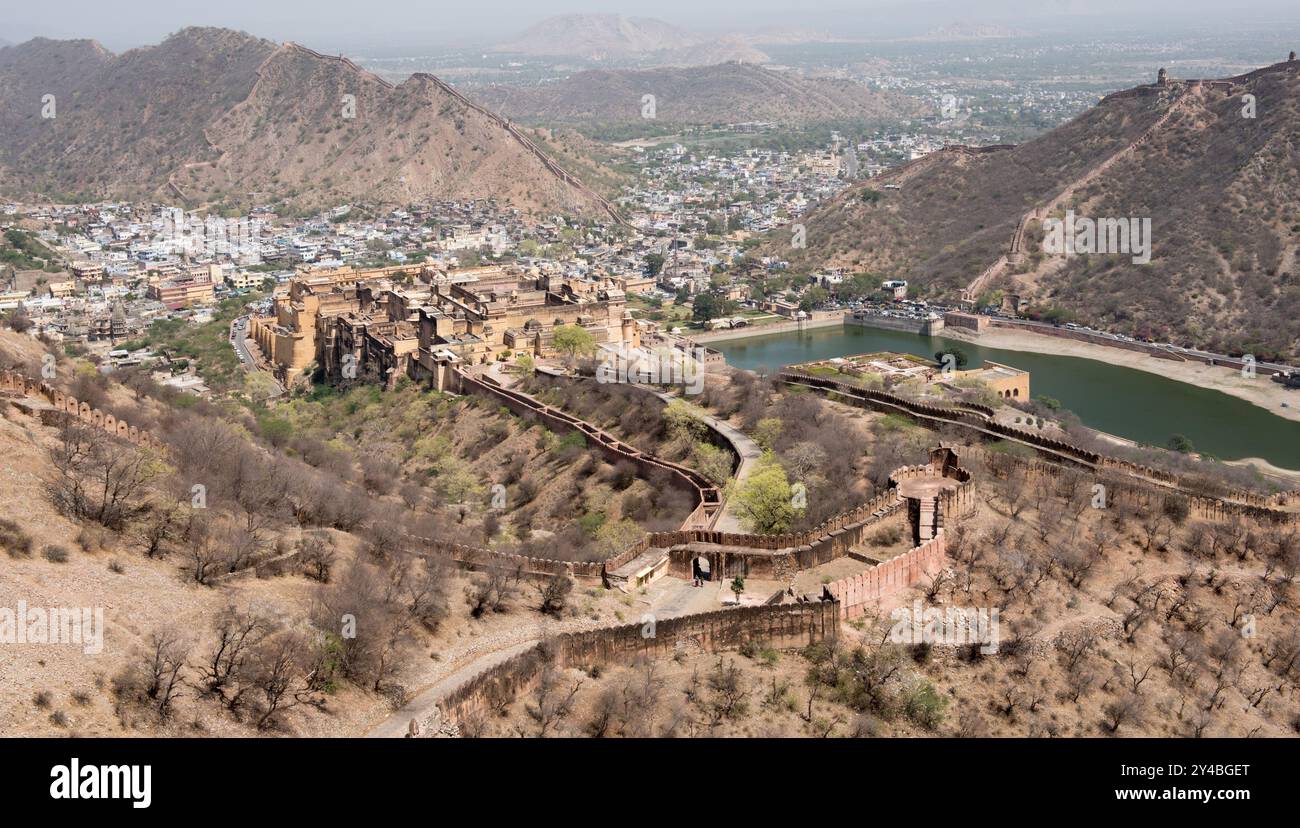 Winding road leads down to the historical amer fort and maota lake, as ...