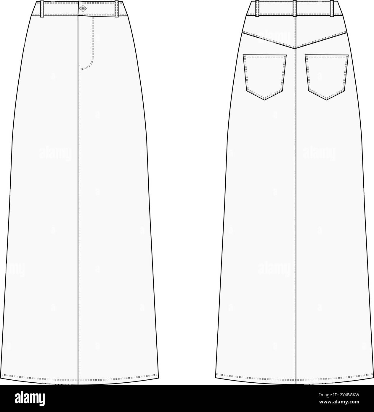 long maxi denim jean skirt template technical drawing flat sketch ...