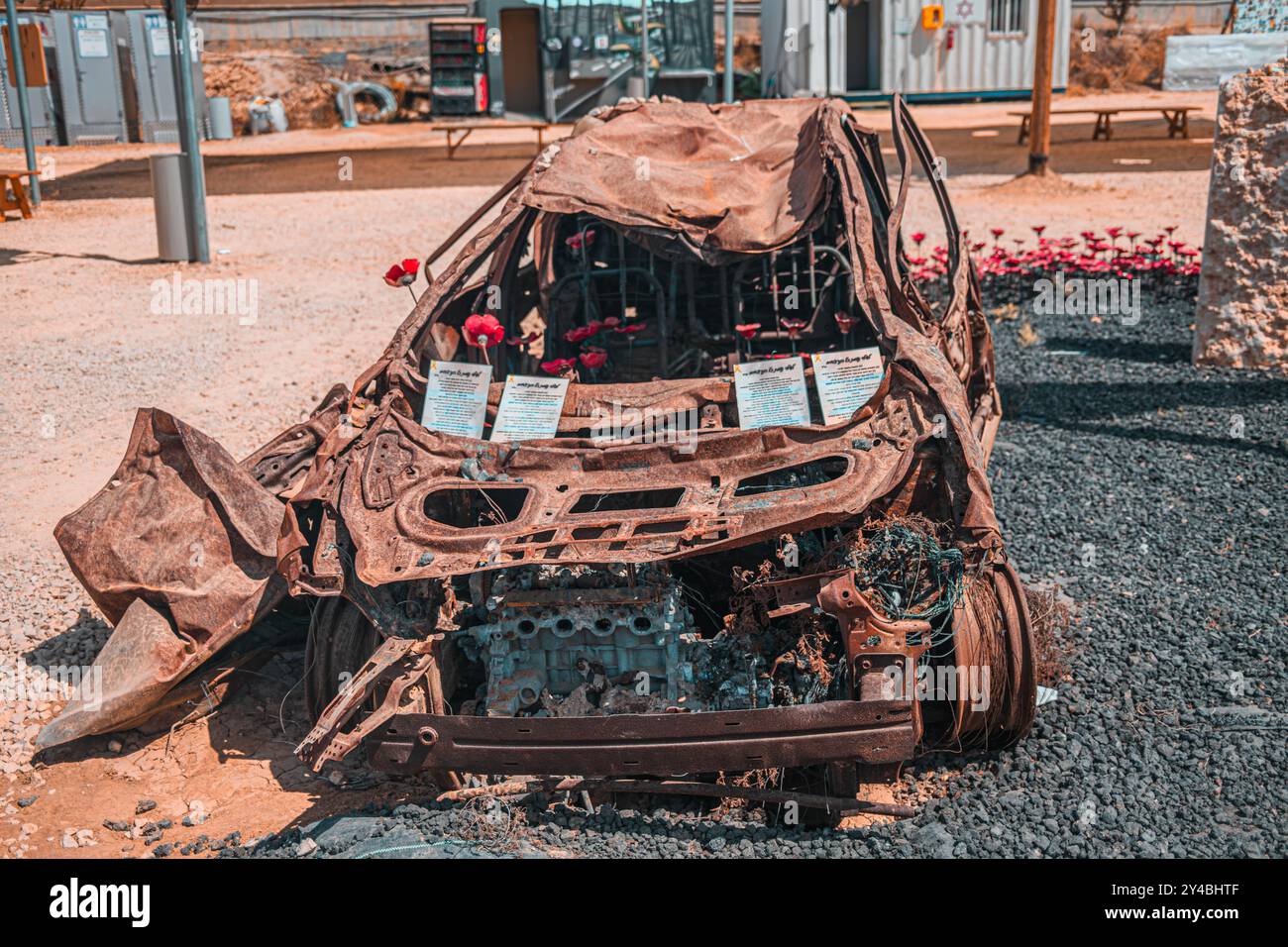A memorial featuring burned and damaged cars from the October 7 Israel ...