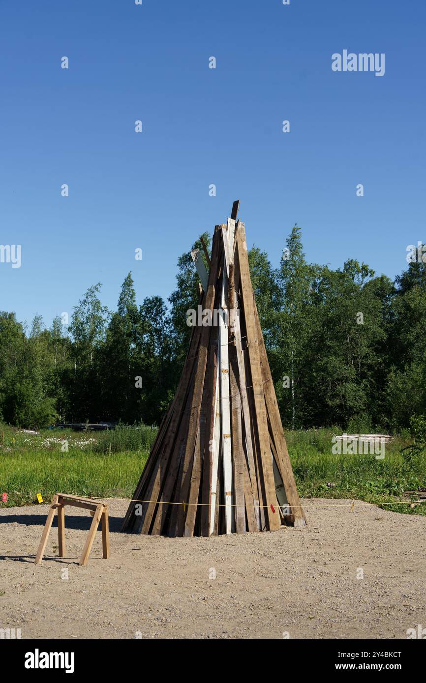 Finnish midsummer bonfire made of used boards, ready to be lit Stock ...