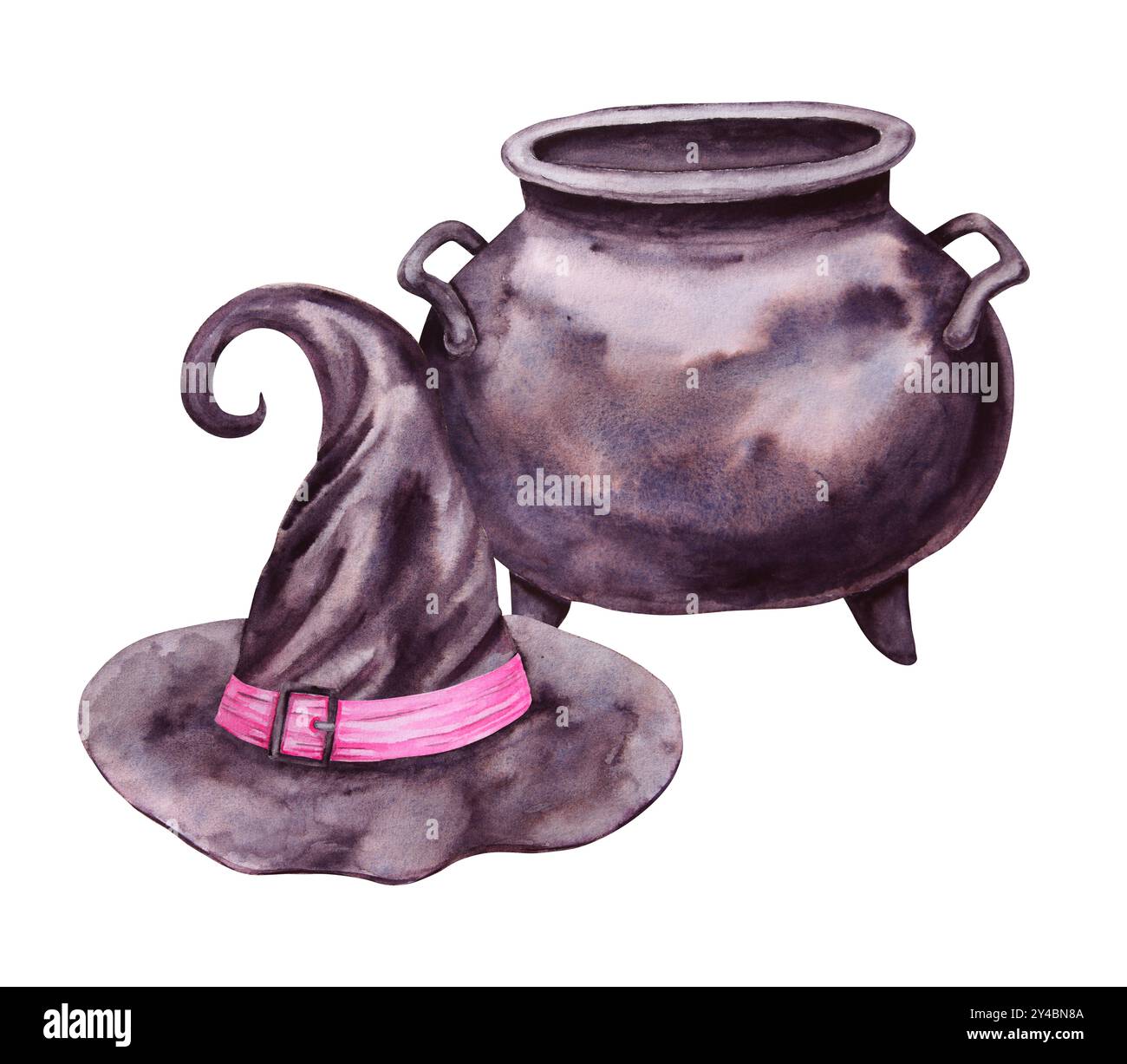 Black cast iron cauldron for brewing potions and witch hat. Esoteric ...