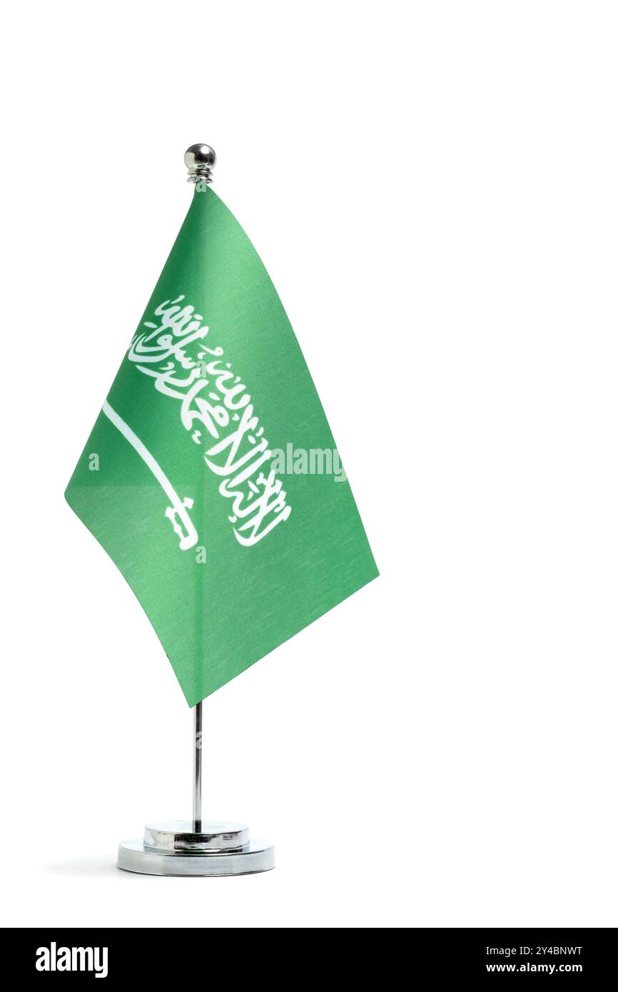Table flag Saudi Arabia on metal flagpole, highlighted on white ...