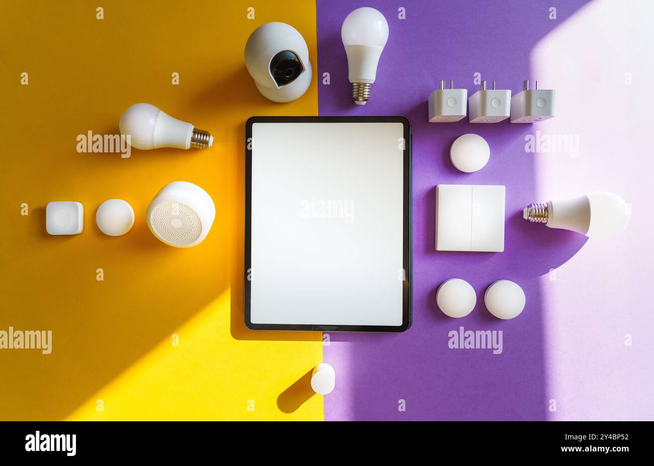 Smart home devices. Blank screen. Home security automation. Colorful ...