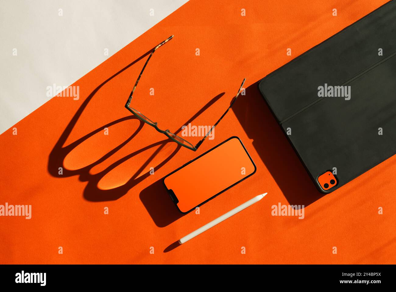 Electronic device blank screen mockup. Orange color. Smart phone and ...