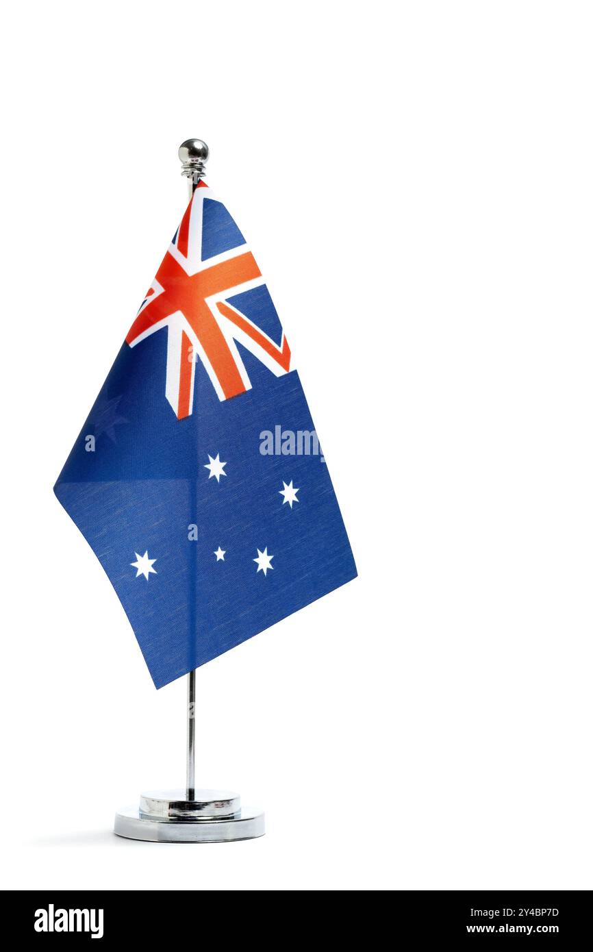Table flag Australia on metal flagpole, highlighted on white background ...