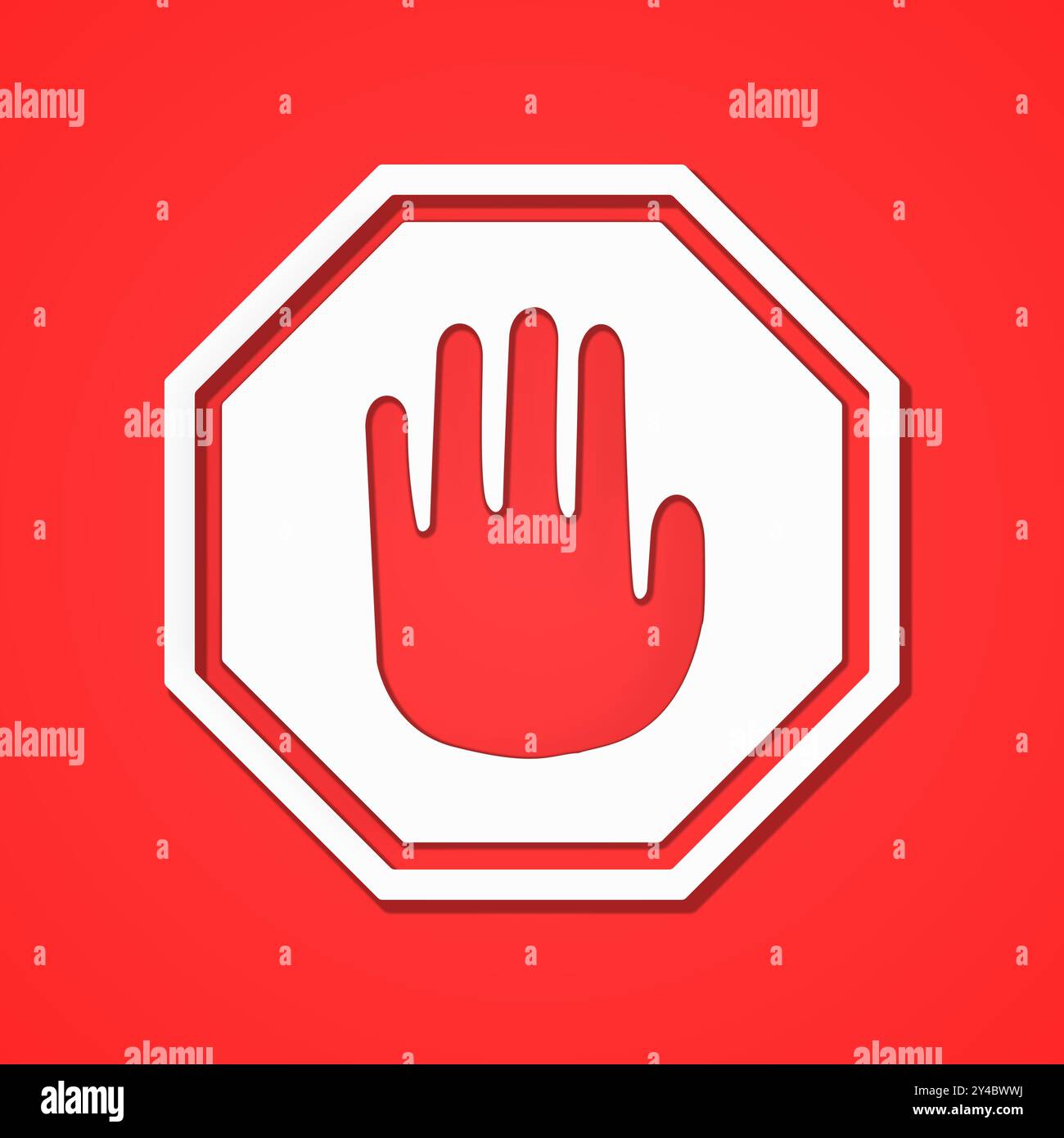 White stop warning sign icon represented by an octagon and a hand on ...