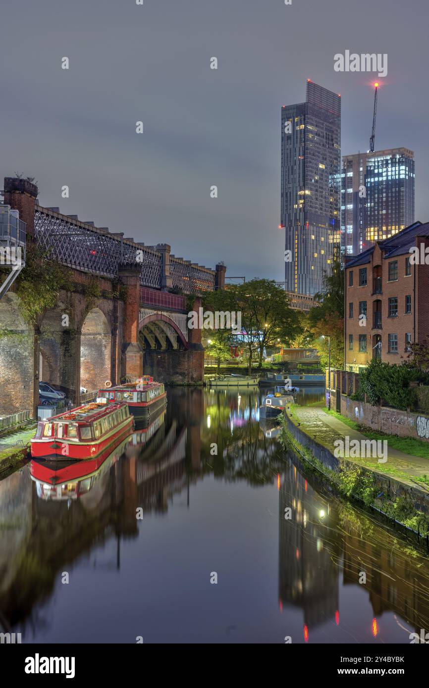 The Castlefield canals in Mancherster, UK, at night Stock Photo - Alamy