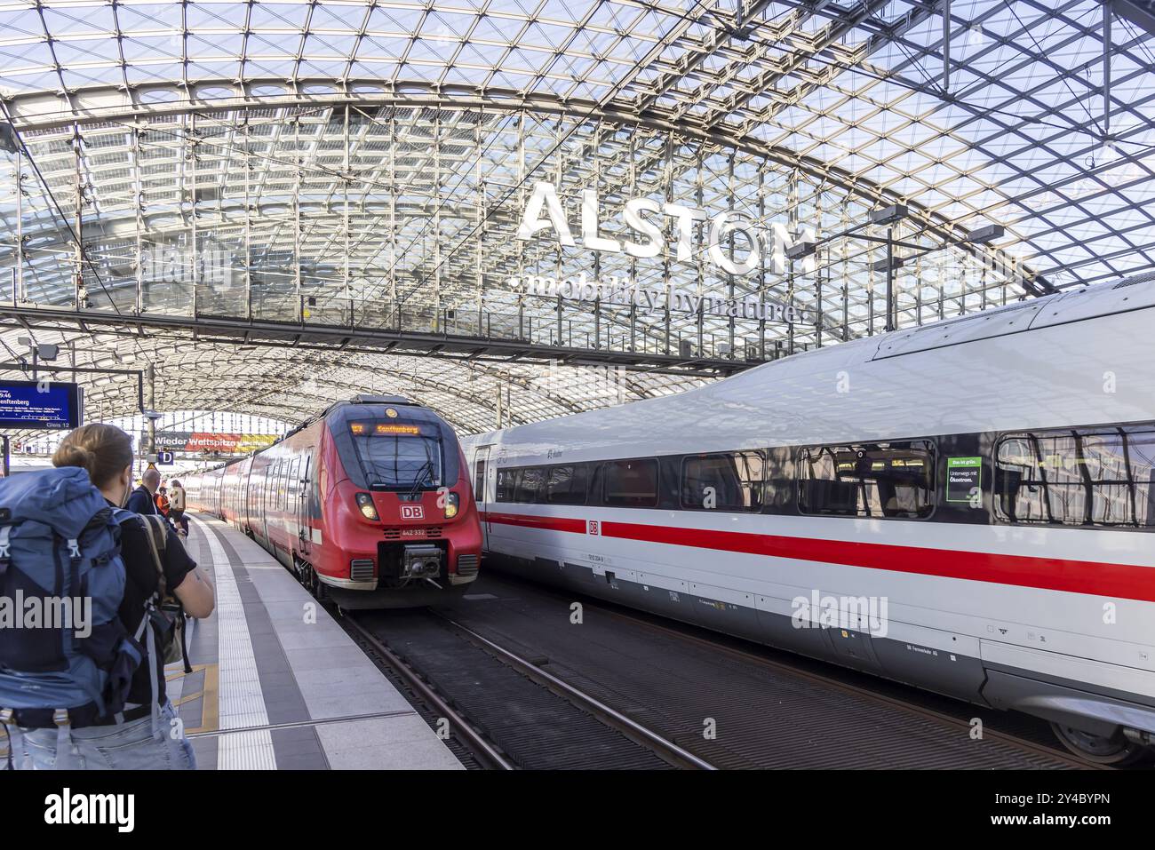 Central station with platform hall with glass roof construction, ICE ...
