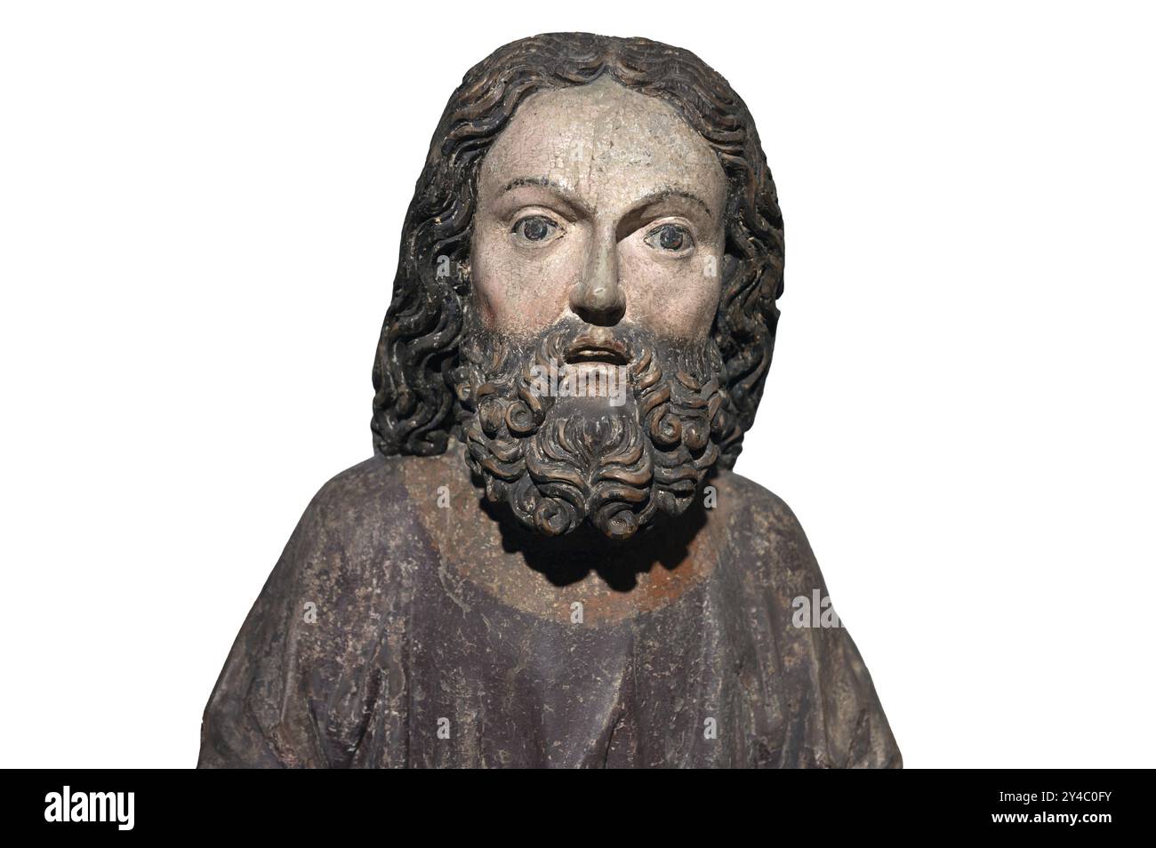 Head of Jesus, around 1470, on a white background, only the body of ...