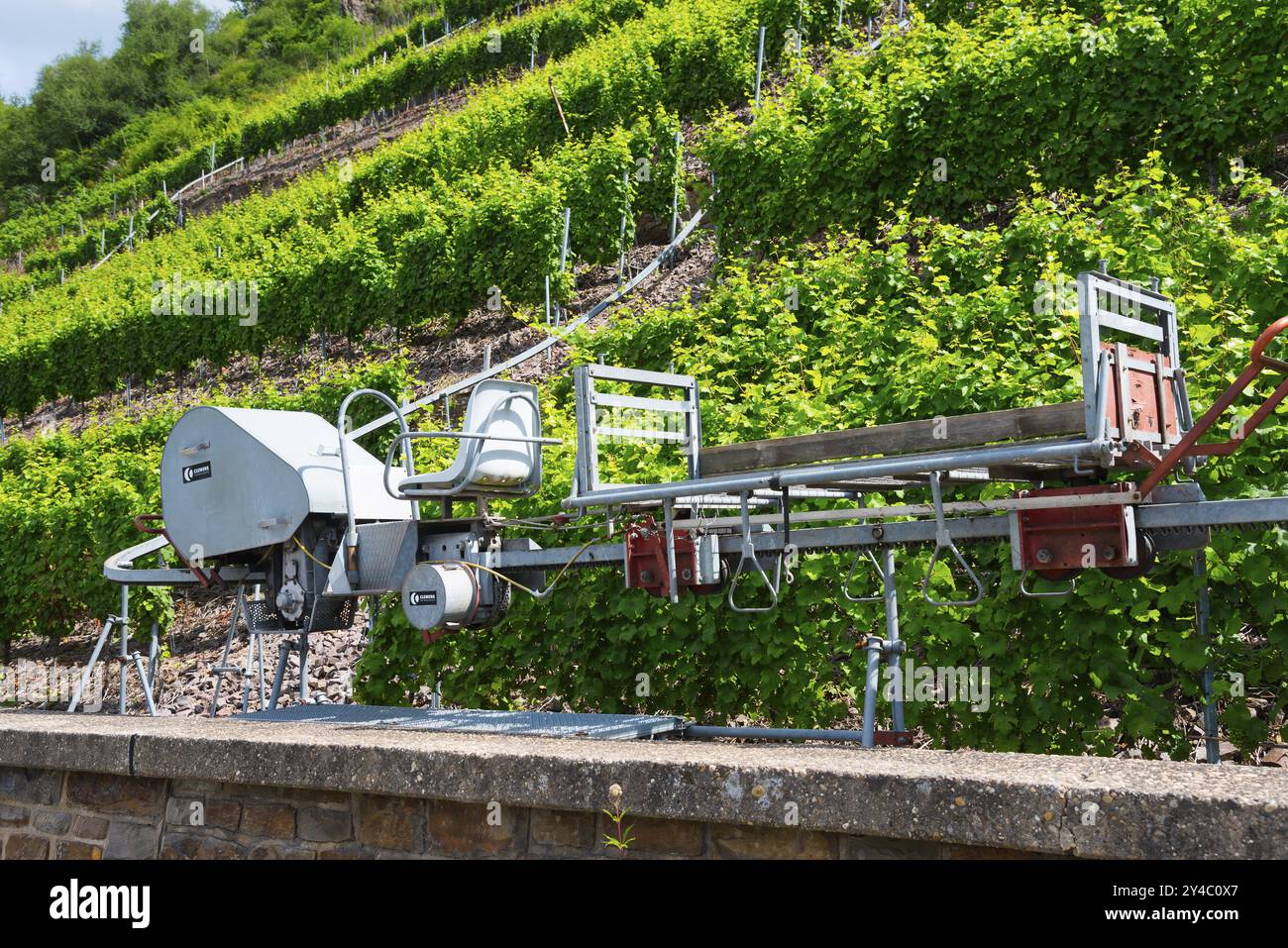 Mechanical vineyard machine in the middle of green vineyard slopes ...