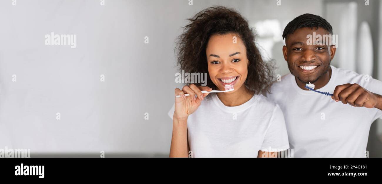 Happy couple brushing their teeth together in a bright bathroom setting ...