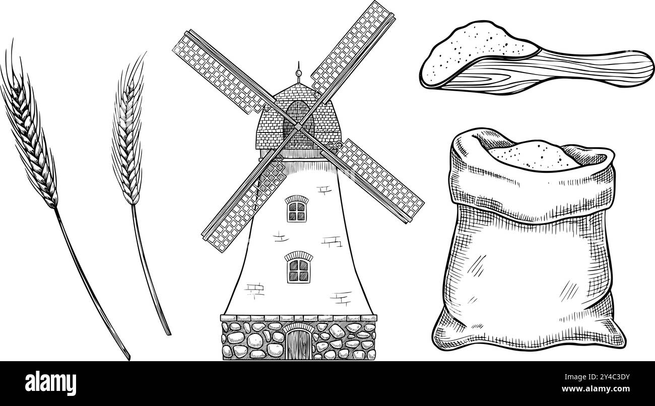 Vector drawing with flour, windmill and spikelets. Illustration in ...