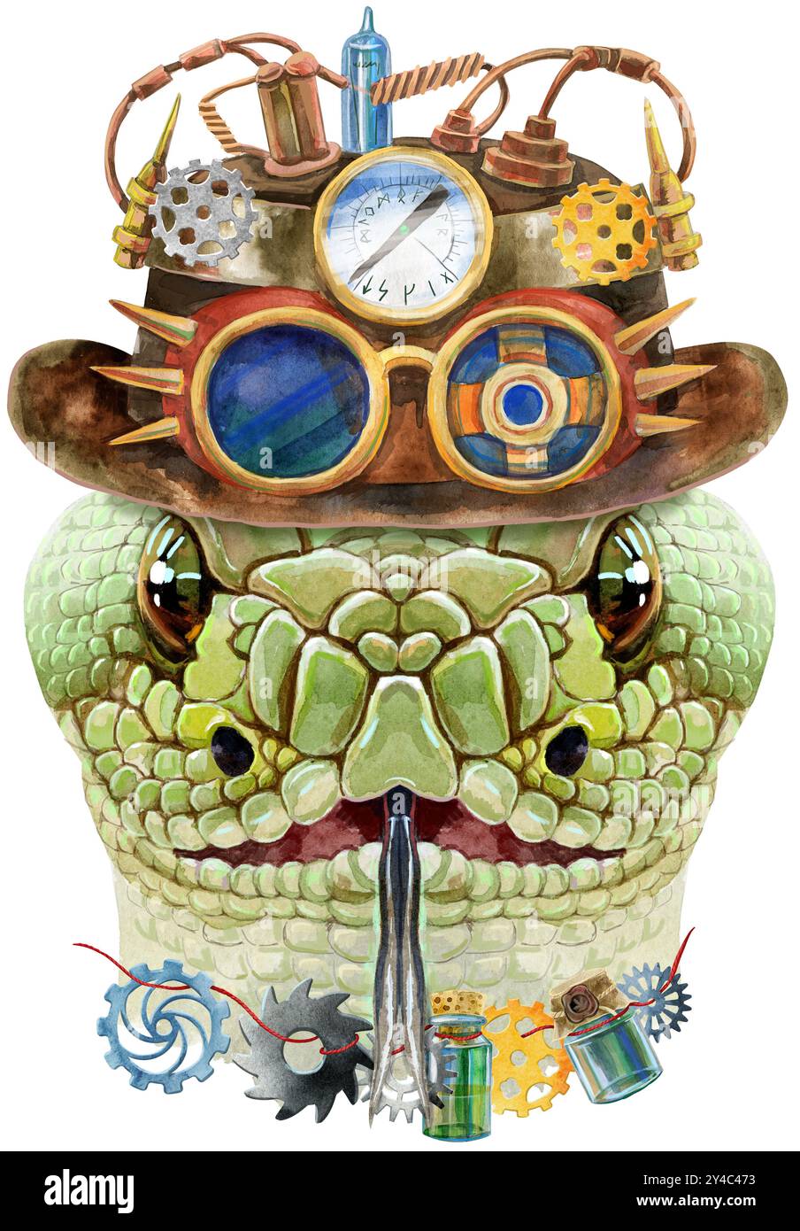 Snake head in a steampunk hat isolated on white background. Green ...