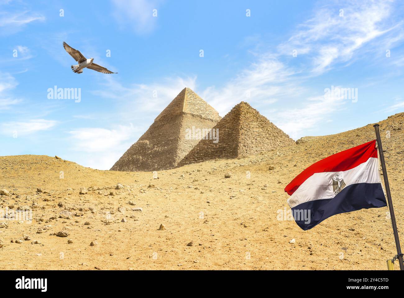 Egyptian flag near pyramids in desert of Giza, Cairo Stock Photo - Alamy