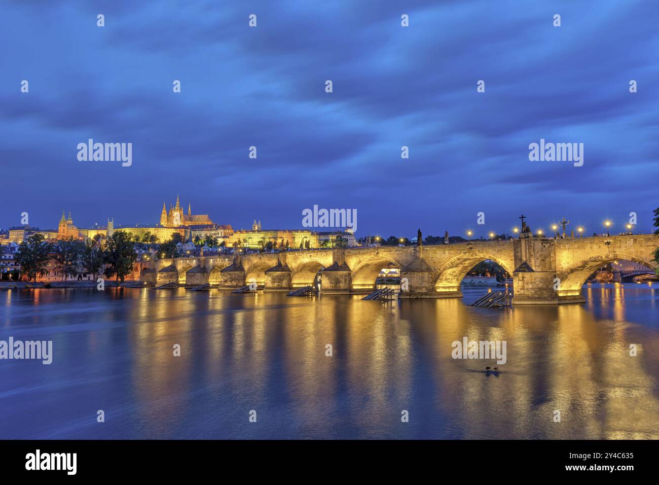 The castle and the famous Charles Bridge in Prague by night Stock Photo ...