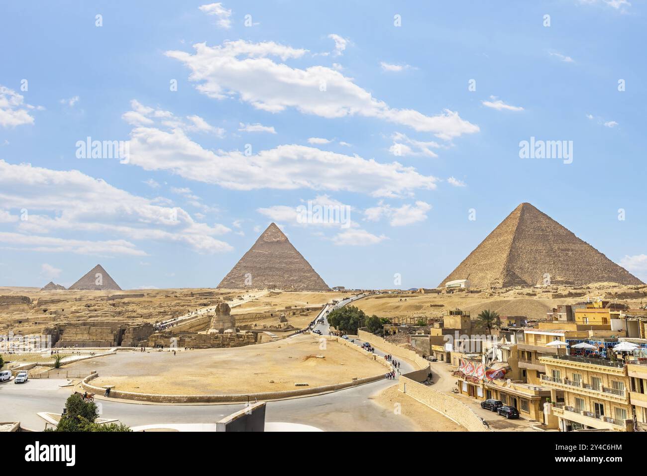 Pyramids and Sphinx on Giza plateau in desert of Egypt, view from above ...
