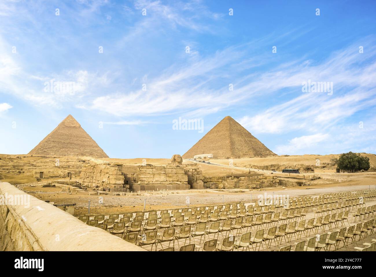 Seats for watching light show in front of ancient pyramids in Giza ...