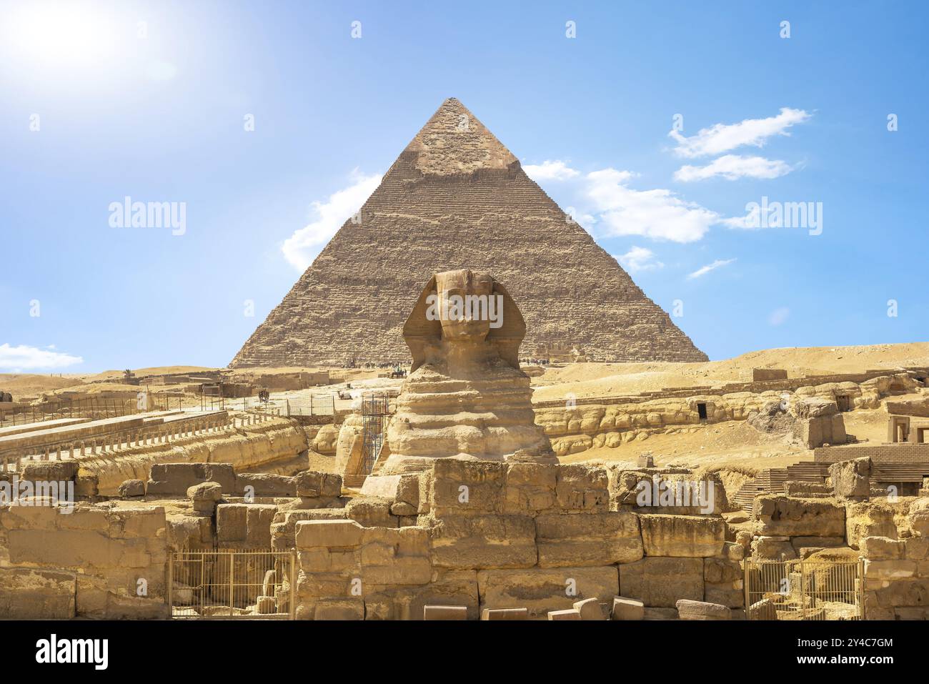 Front view of Sphinx and Khafre pyramid in the desert of Giza, Egypt ...
