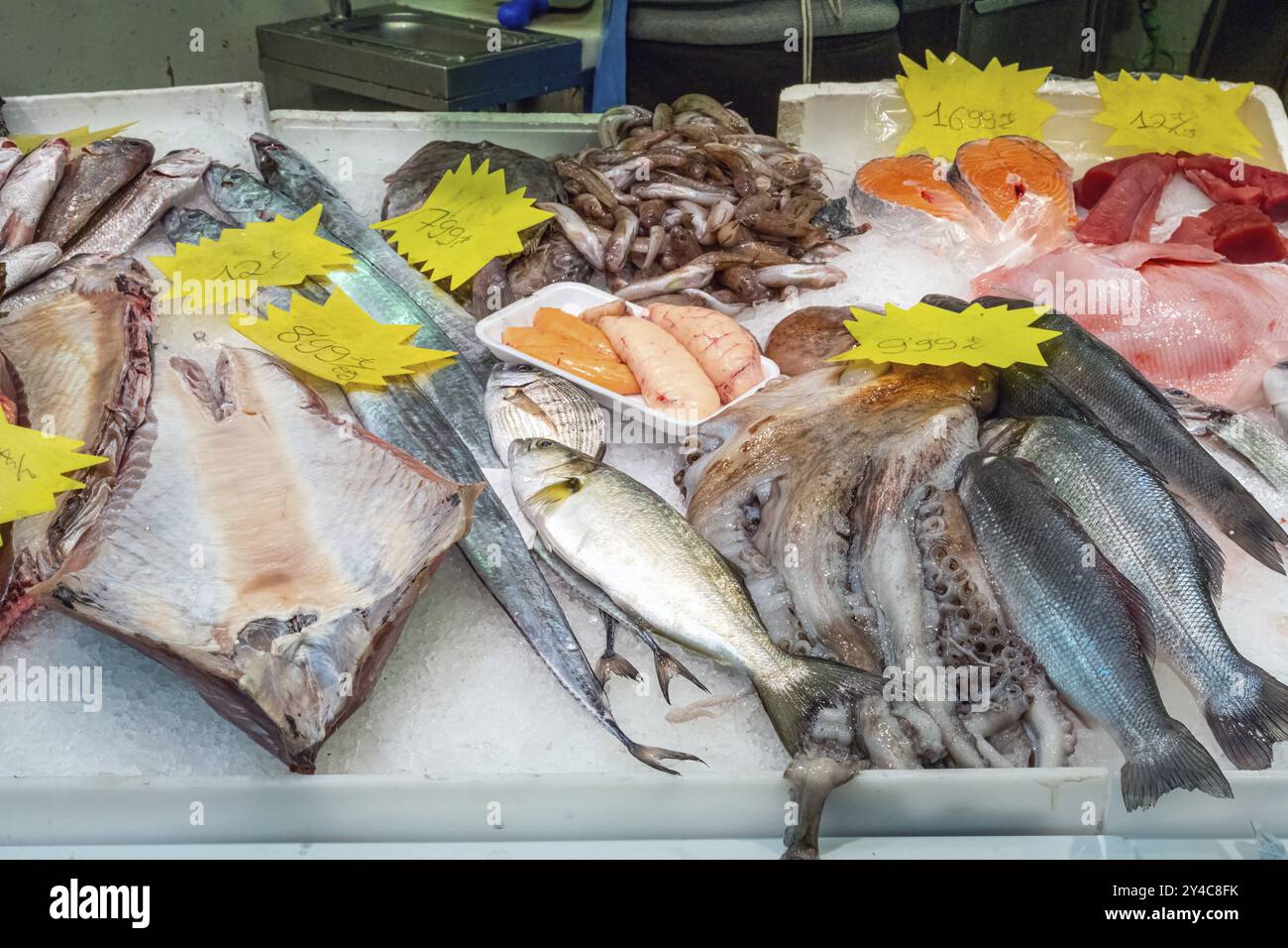 Selection of fish and seafood for sale at a market in Barcelona, Spain ...