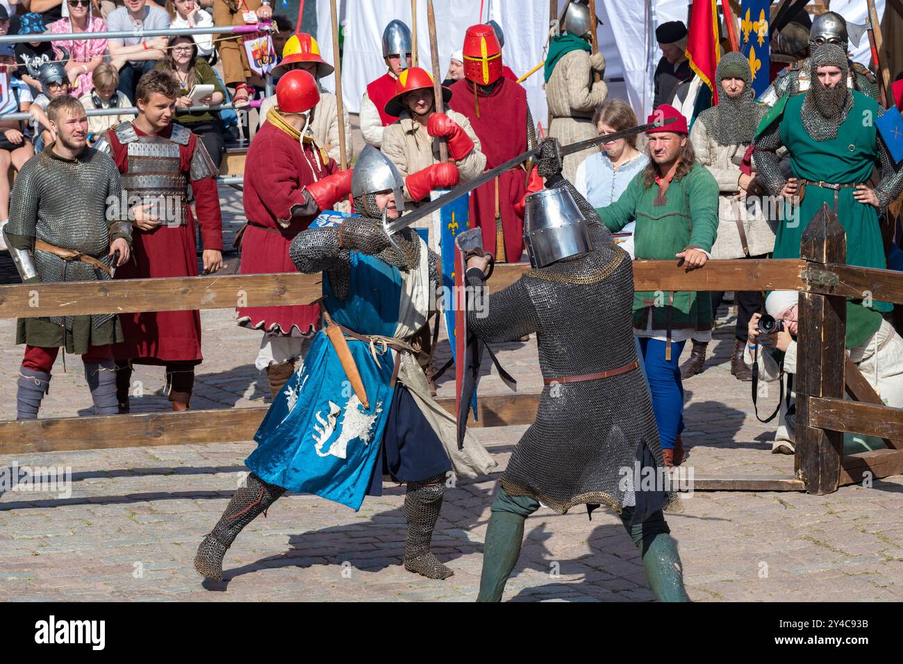 VYBORG, RUSSIA - AUGUST 18, 2024: Duel of two medieval knights ...