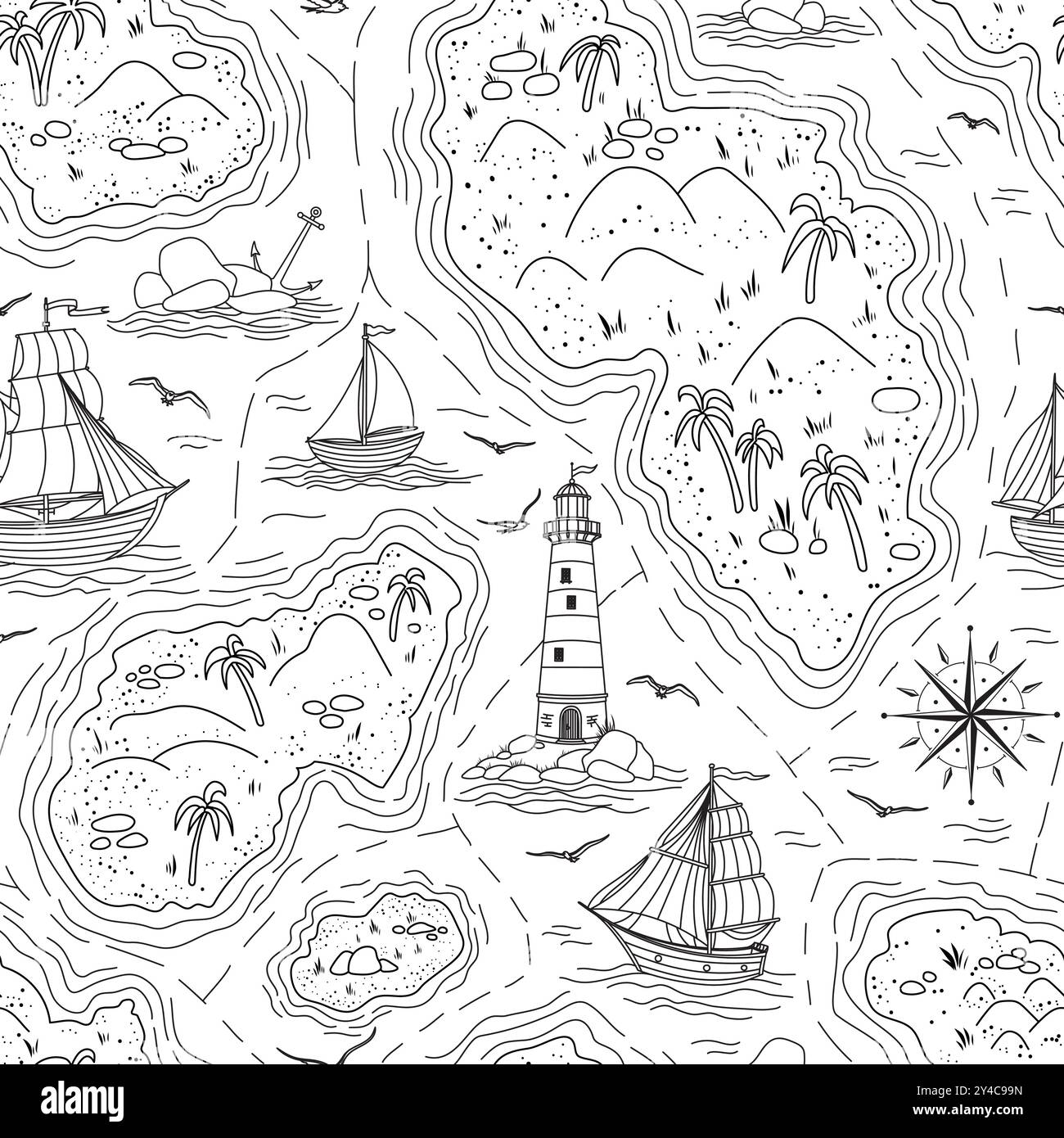 Sea map vector seamless pattern. Linear nautical background with ...