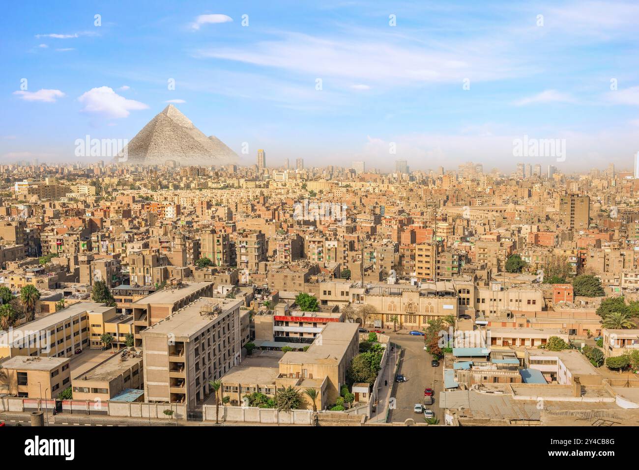 Aerial view of Cairo city with pyramids on a background, Egypt, Africa ...