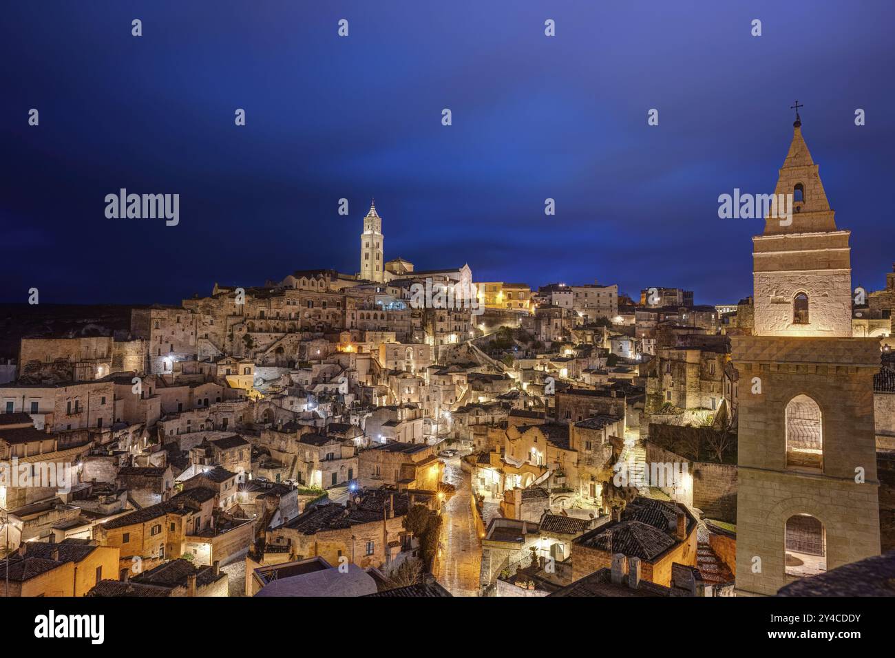 The medieval old town centre of Matera in southern Italy by night Stock ...